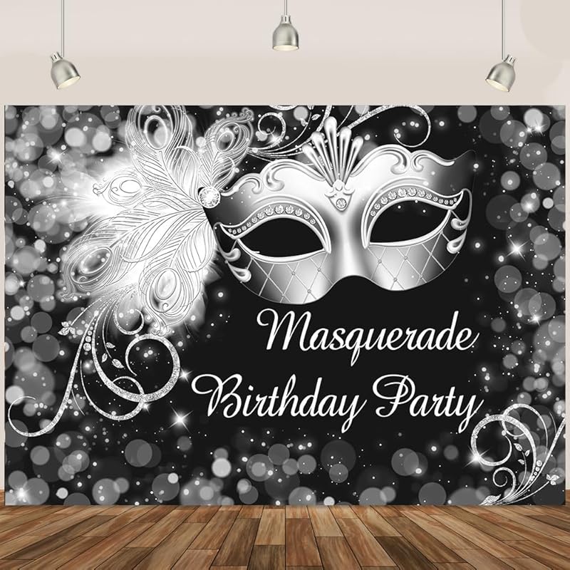 Masquerade Birthday Backdrops Gold Mask Feather Silver Evening Photo ...