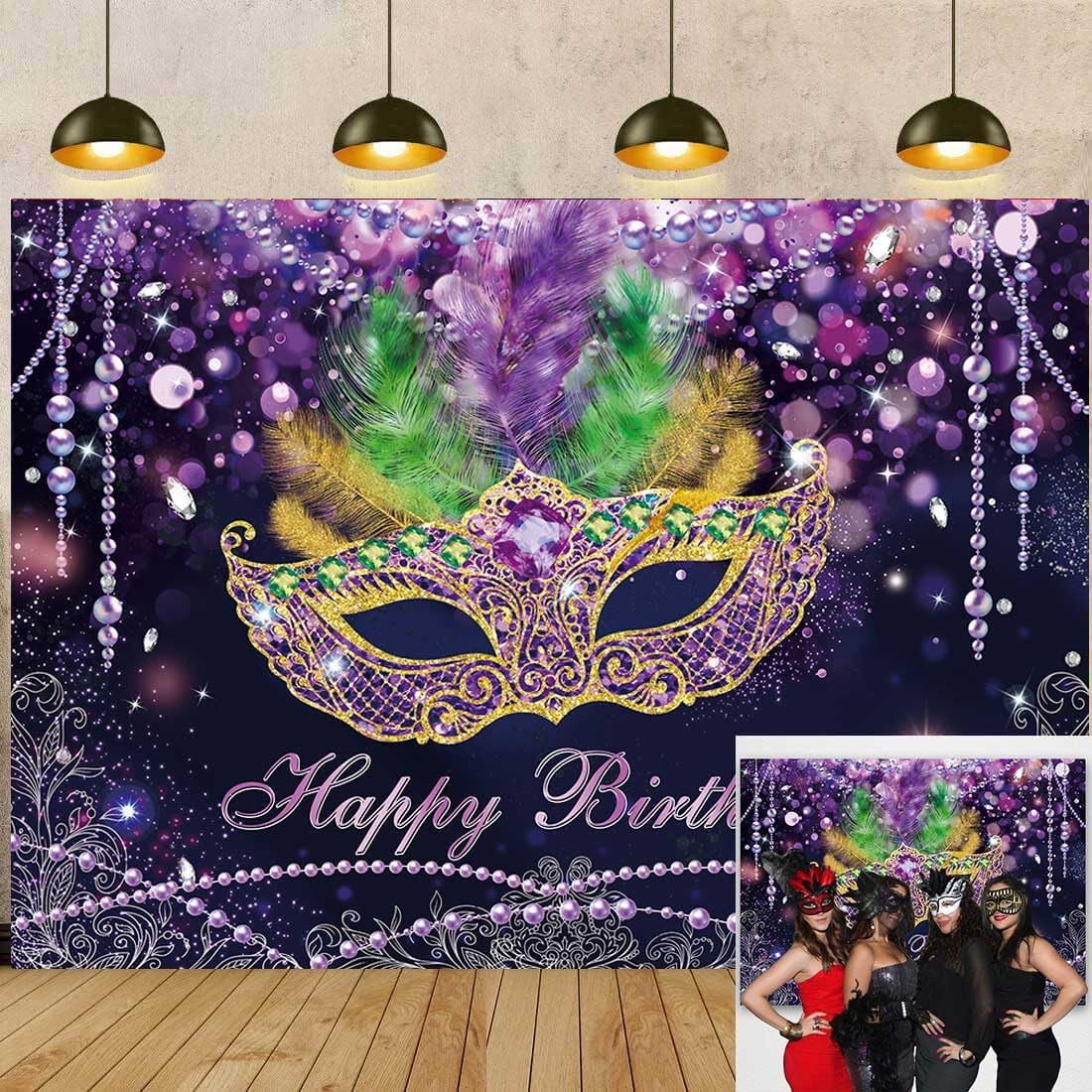 Masquerade Happy Birthday Backdrop Mask Party Decorations Purple ...