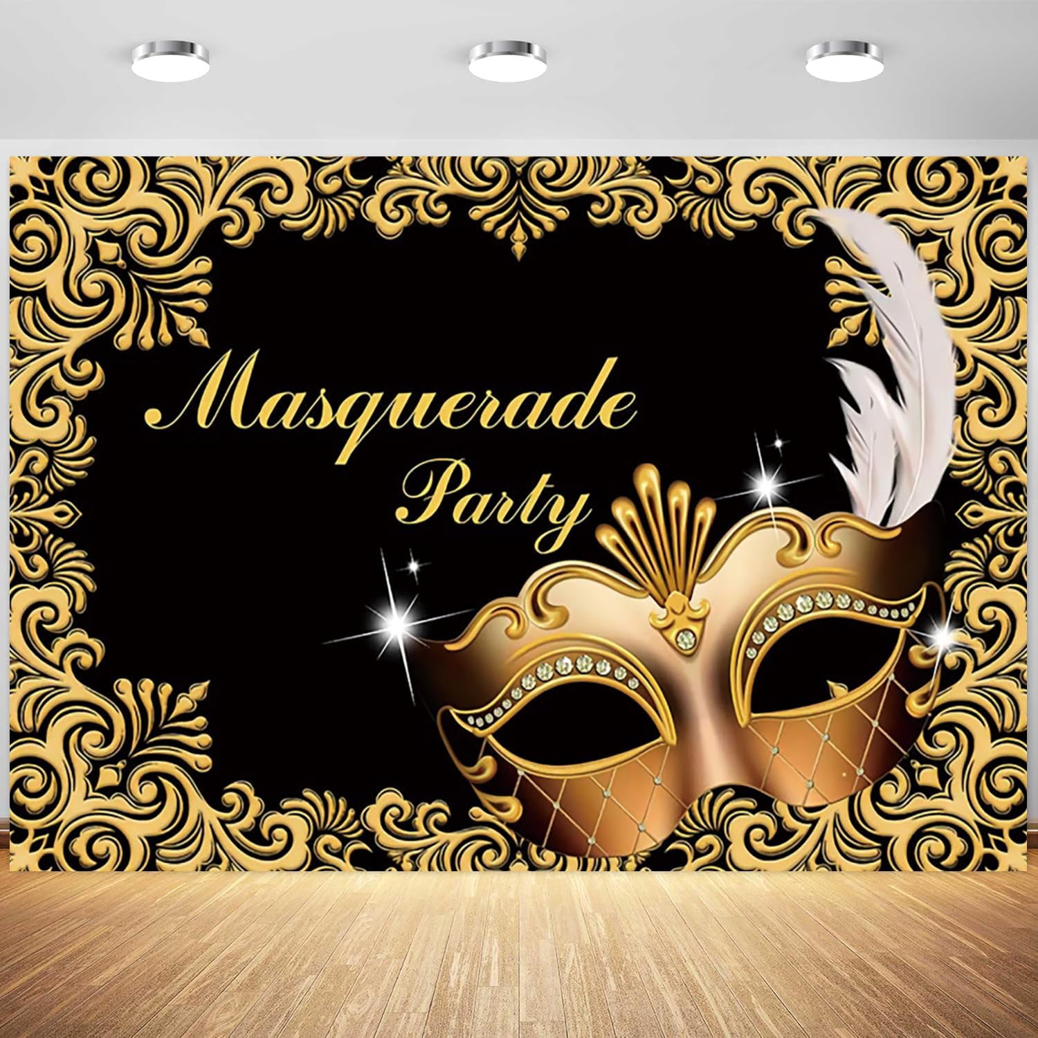 Masquerade Party Backdrop Black and Gold Mask Mardi Gras Carnival ...