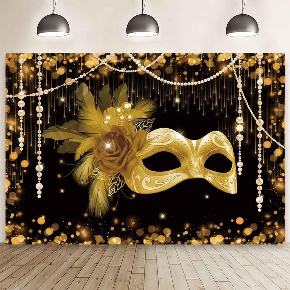 Masquerade Party Backdrop Black and Gold Mask Photography Background ...