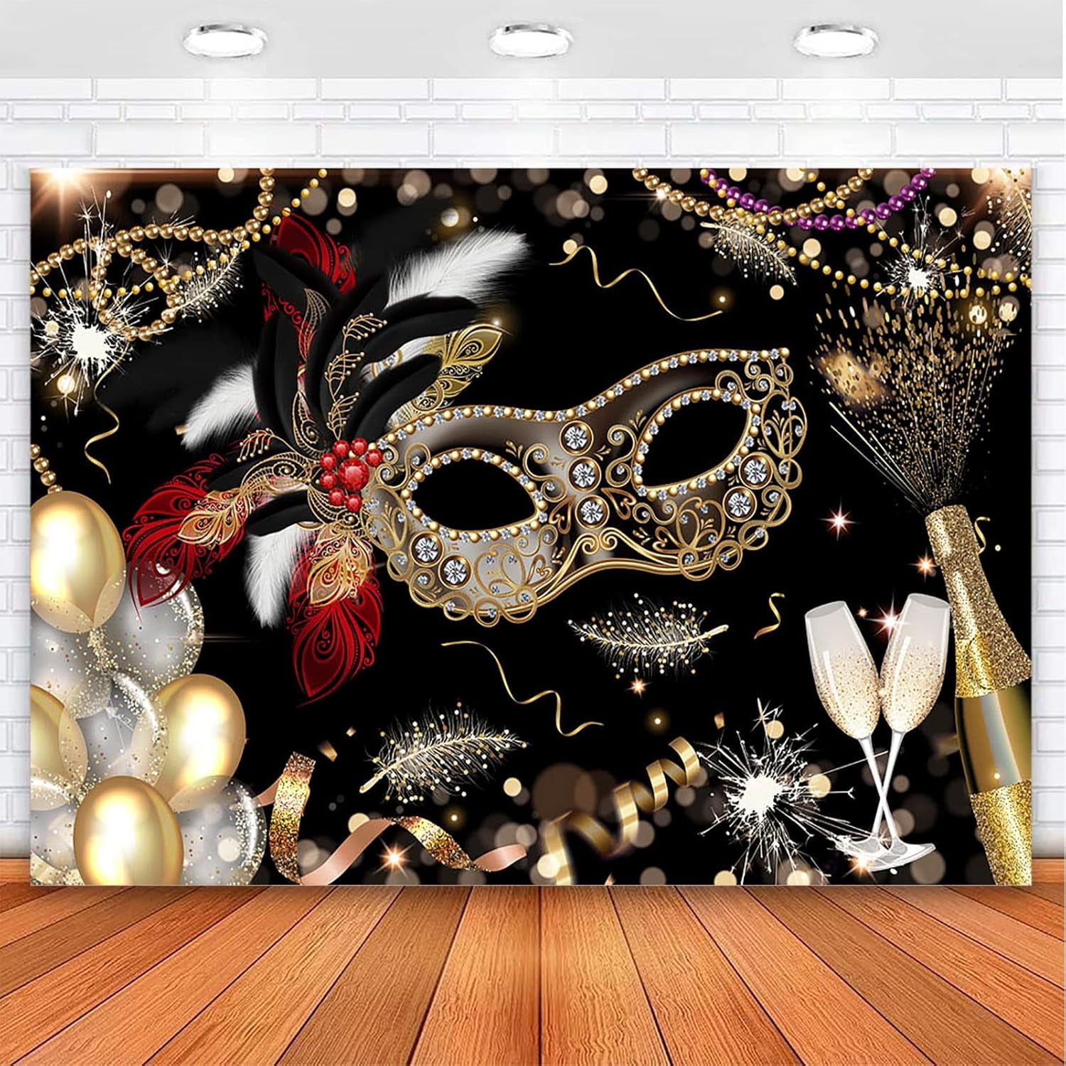 Masquerade Party Backdrop Gold and Black Mask Prom Backdrop Champagne ...