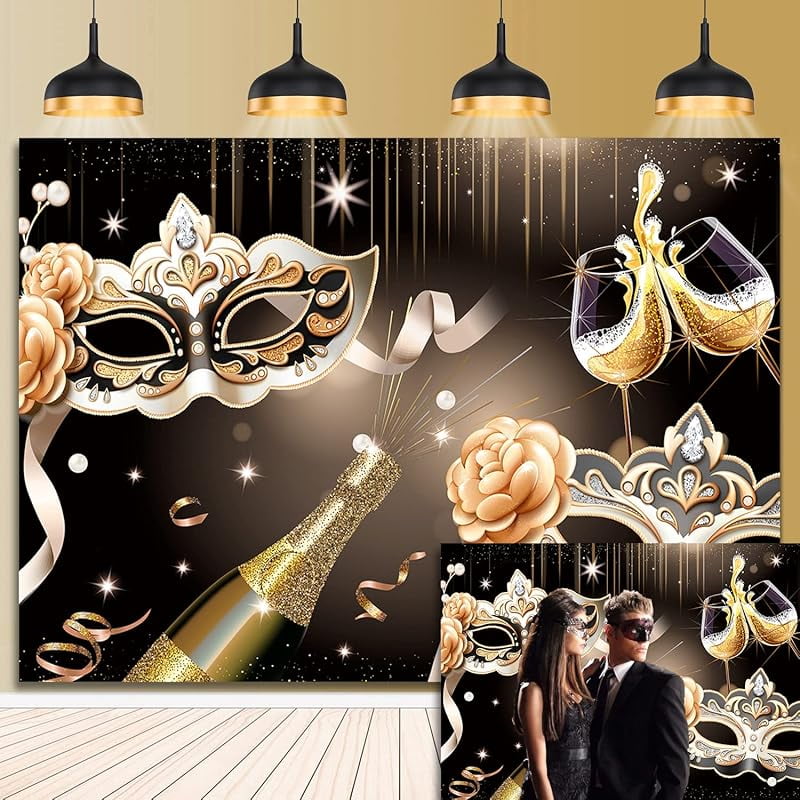 Masquerade Party Backdrop Retro Gold Black Mask Champagne Mardi Gras ...