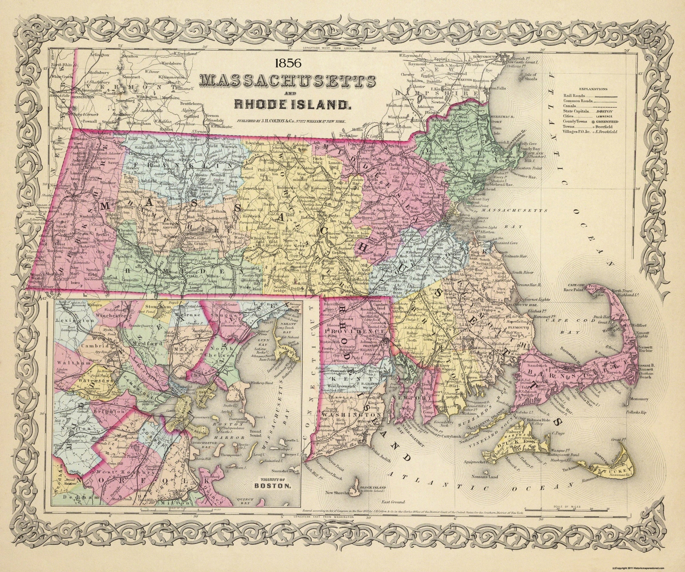 Historic State Map - Massachusetts - Colton 1856 - 27.5 x 23 - Vintage ...