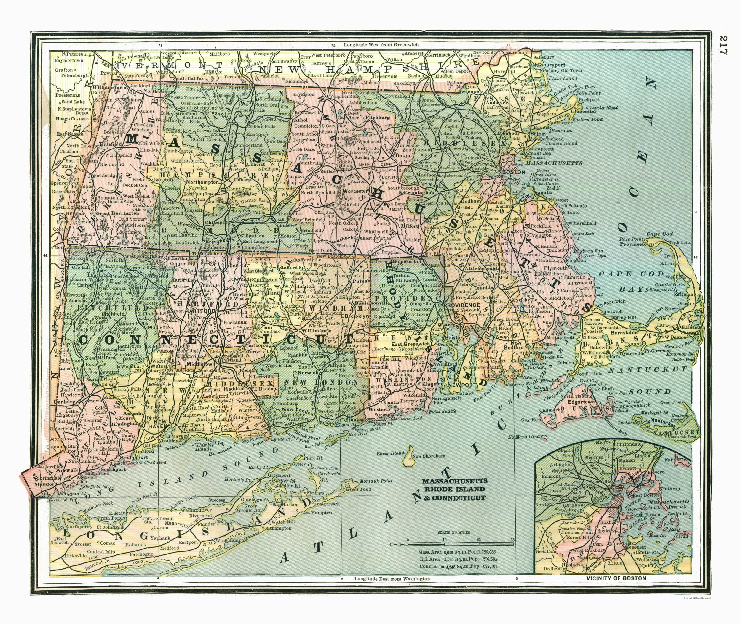 Historic State Map - Massachusetts Connecticut - Johnson 1888 - 27.28 x ...