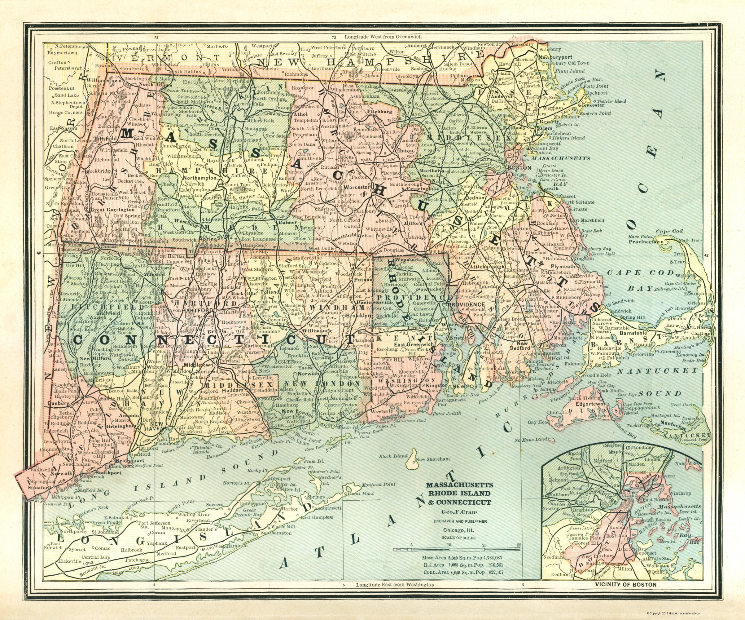 Historic State Map - Massachusetts Connecticut Rhode Island - Cram 1886 ...