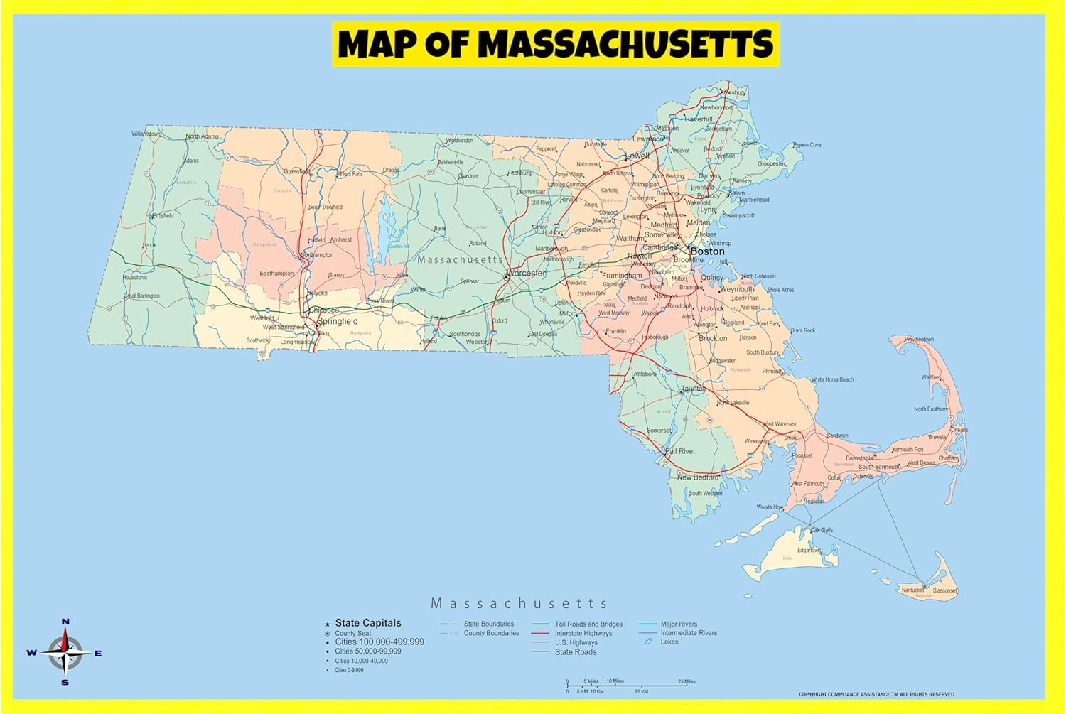 Massachusetts Map Poster - Laminated Wall Map - Style A - 36x60 - Ideal ...