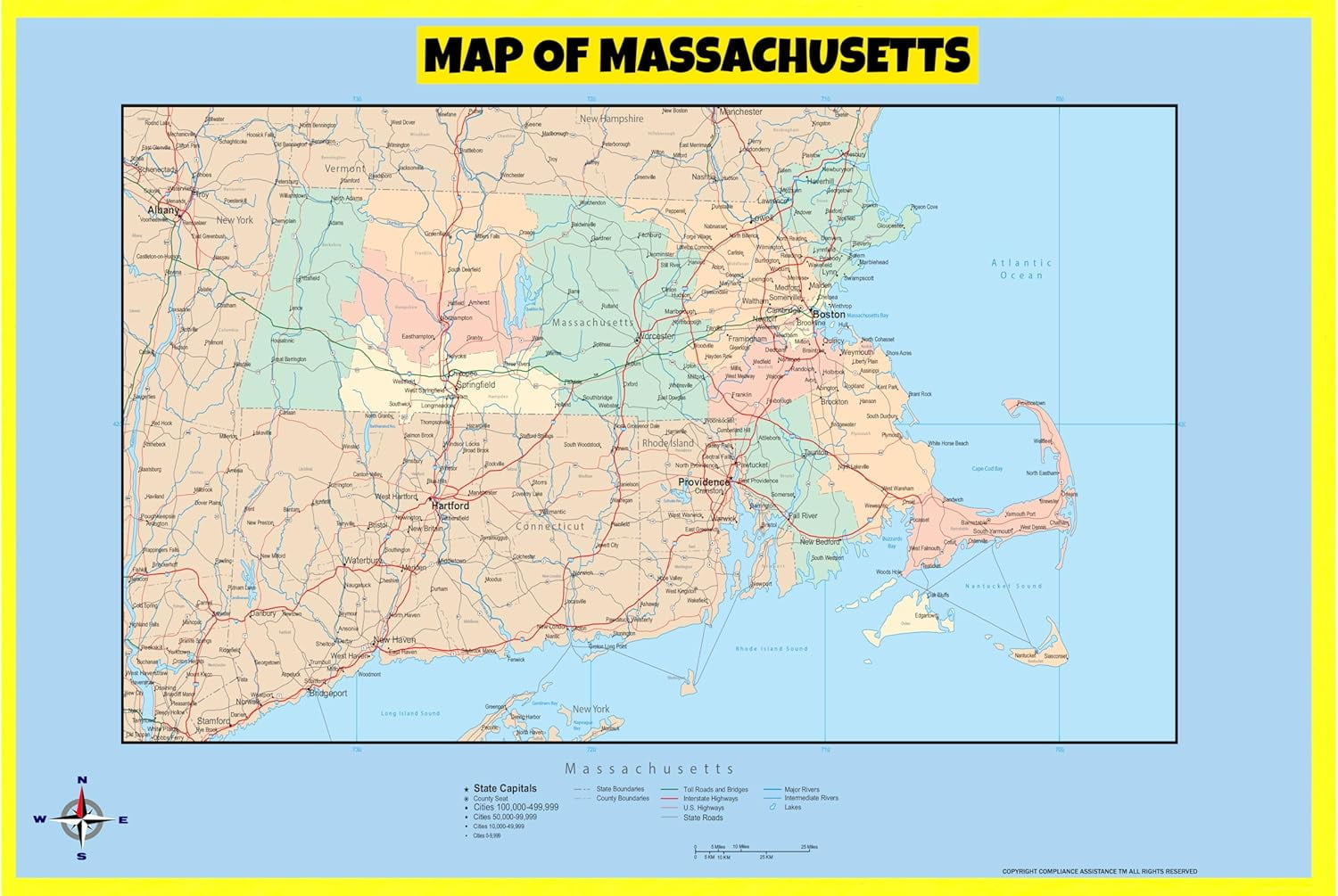 Massachusetts Map Poster - Laminated Wall Map - Style C - 20x30 - Ideal ...