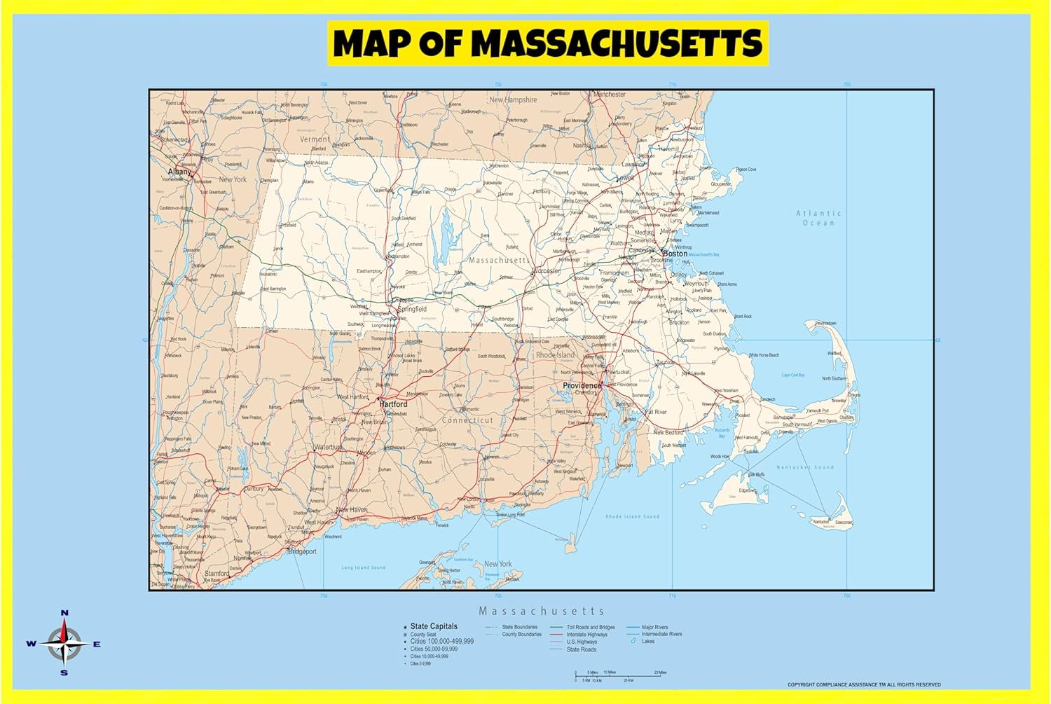Massachusetts Map Poster - Laminated Wall Map - Style D - 36x60 - Ideal ...