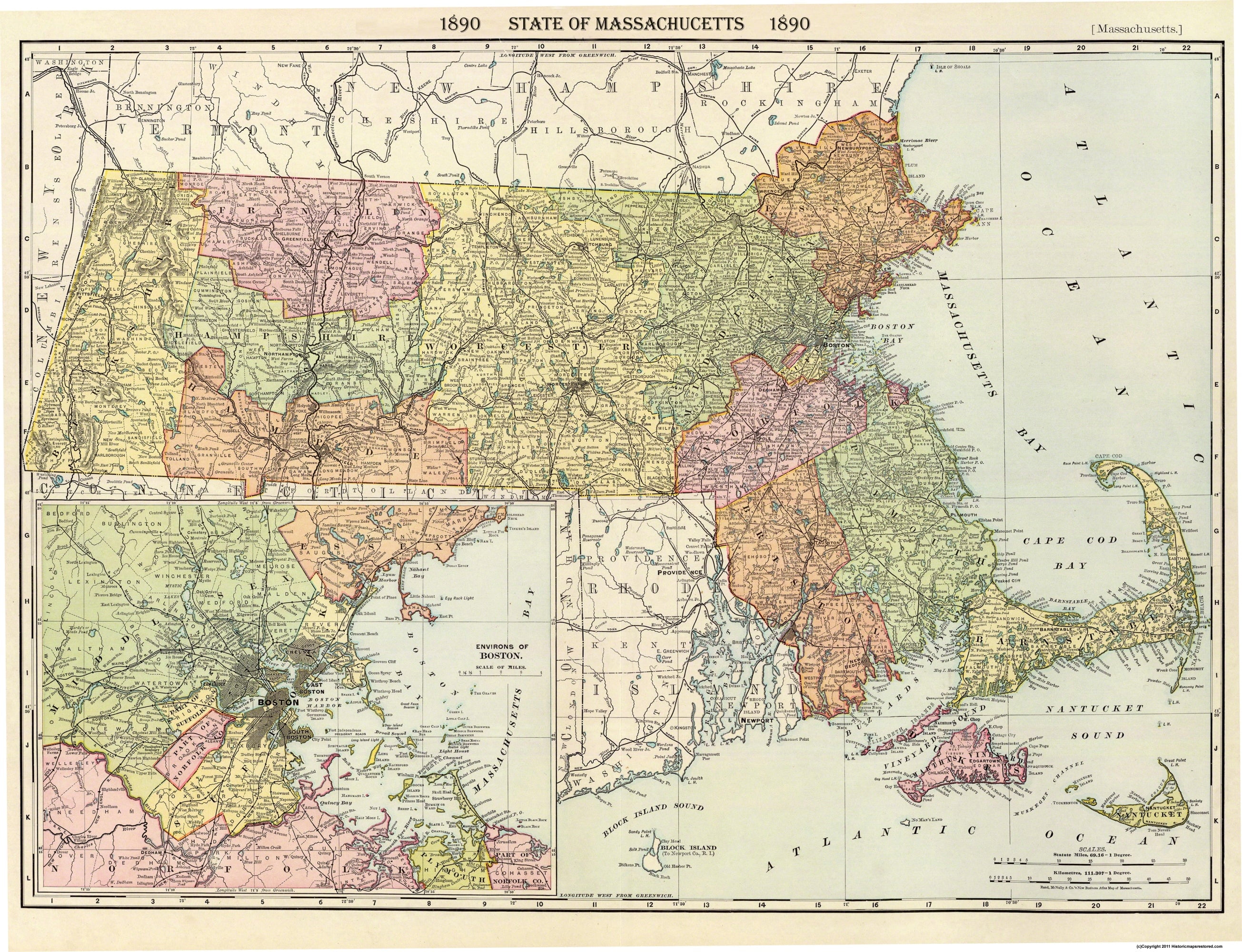 Historic State Map - Massachusetts - Rand McNally 1890 - 30 x 23 - Vintage Wall Art - Walmart.com