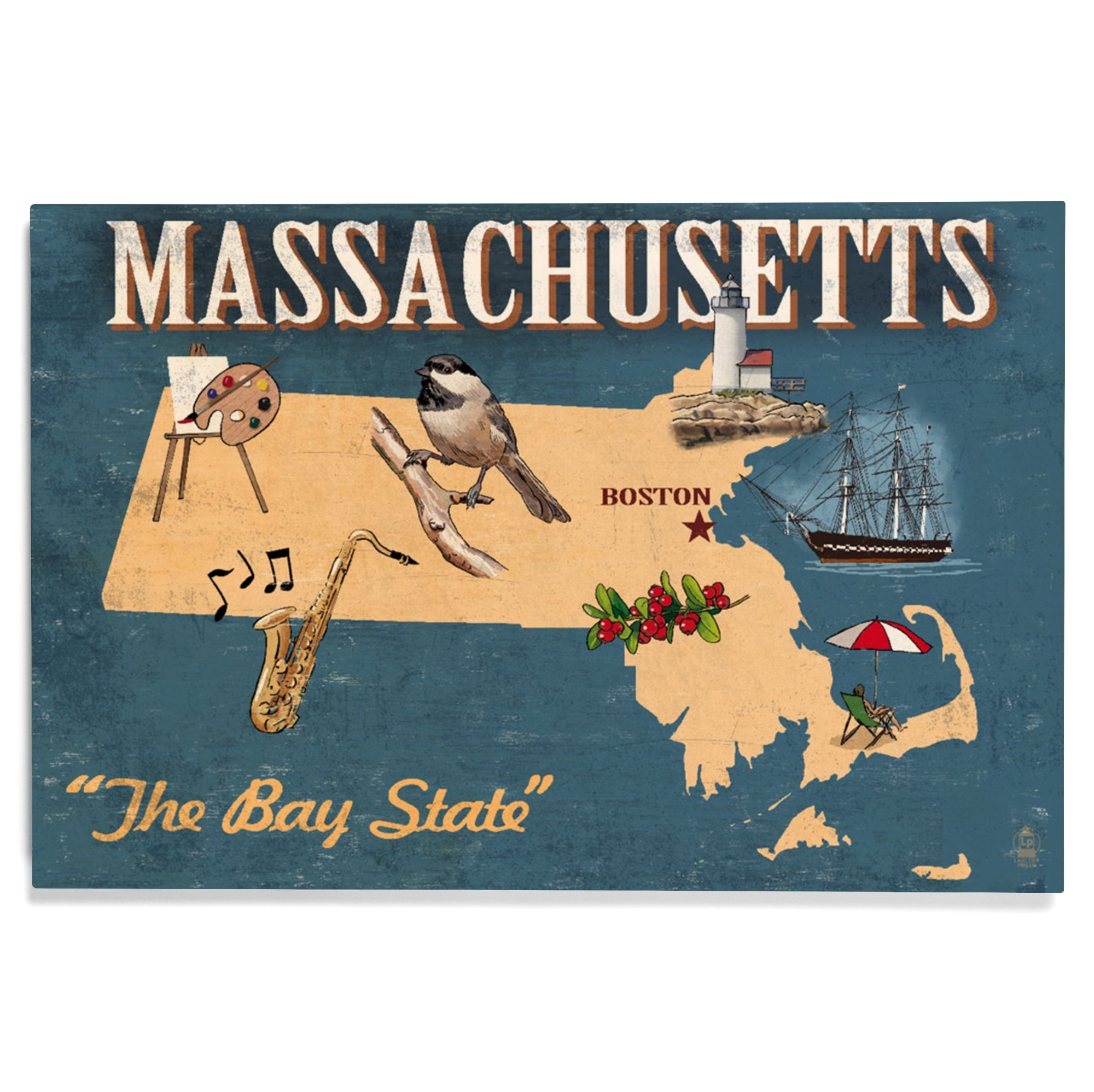Massachusetts, State Icons (Version 2) Birch Wood Wall Sign (12x18 ...