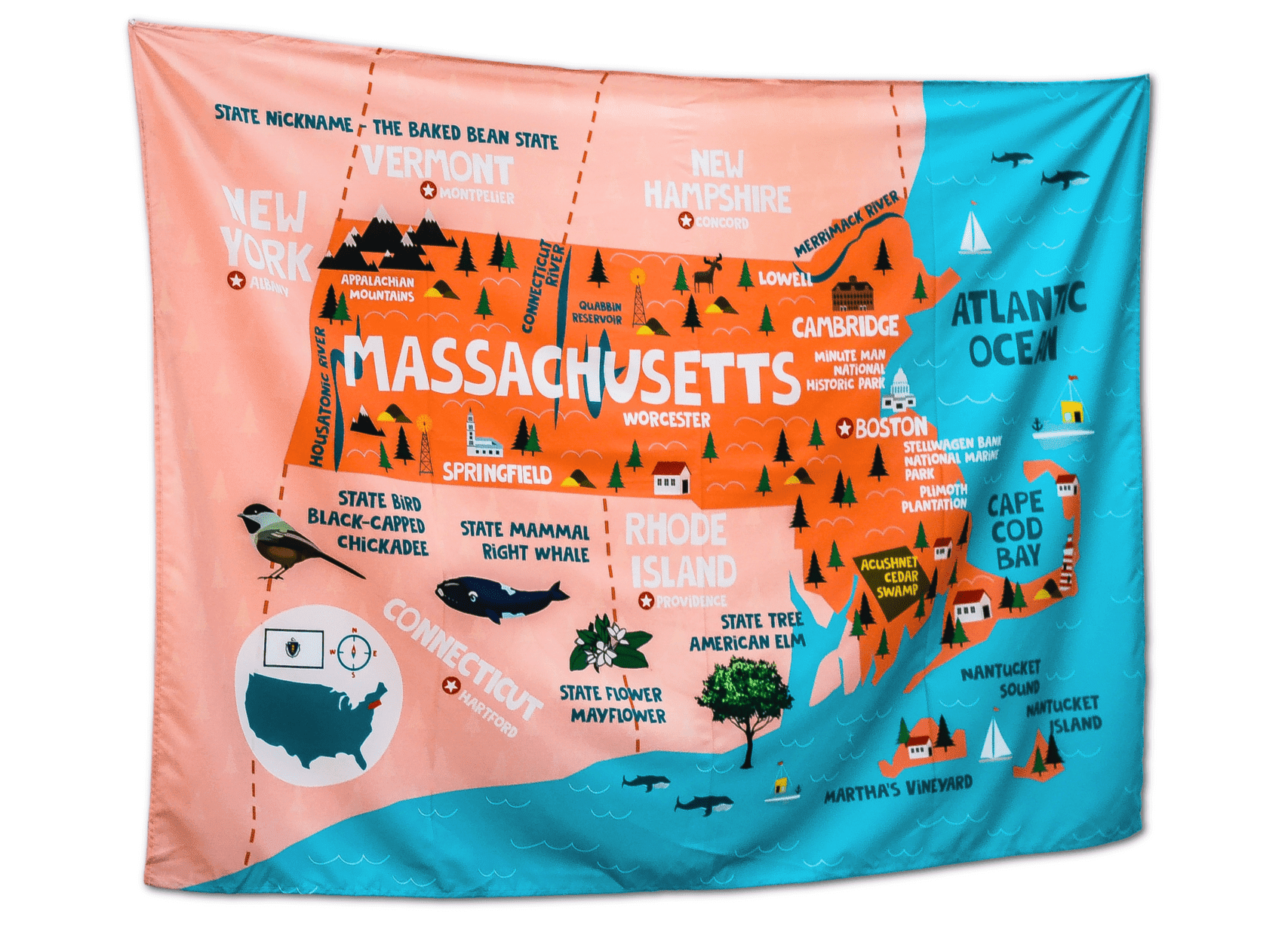 Birdy Boutique Massachusetts Map Tapestry – 62" x 42" Educational Wall ...