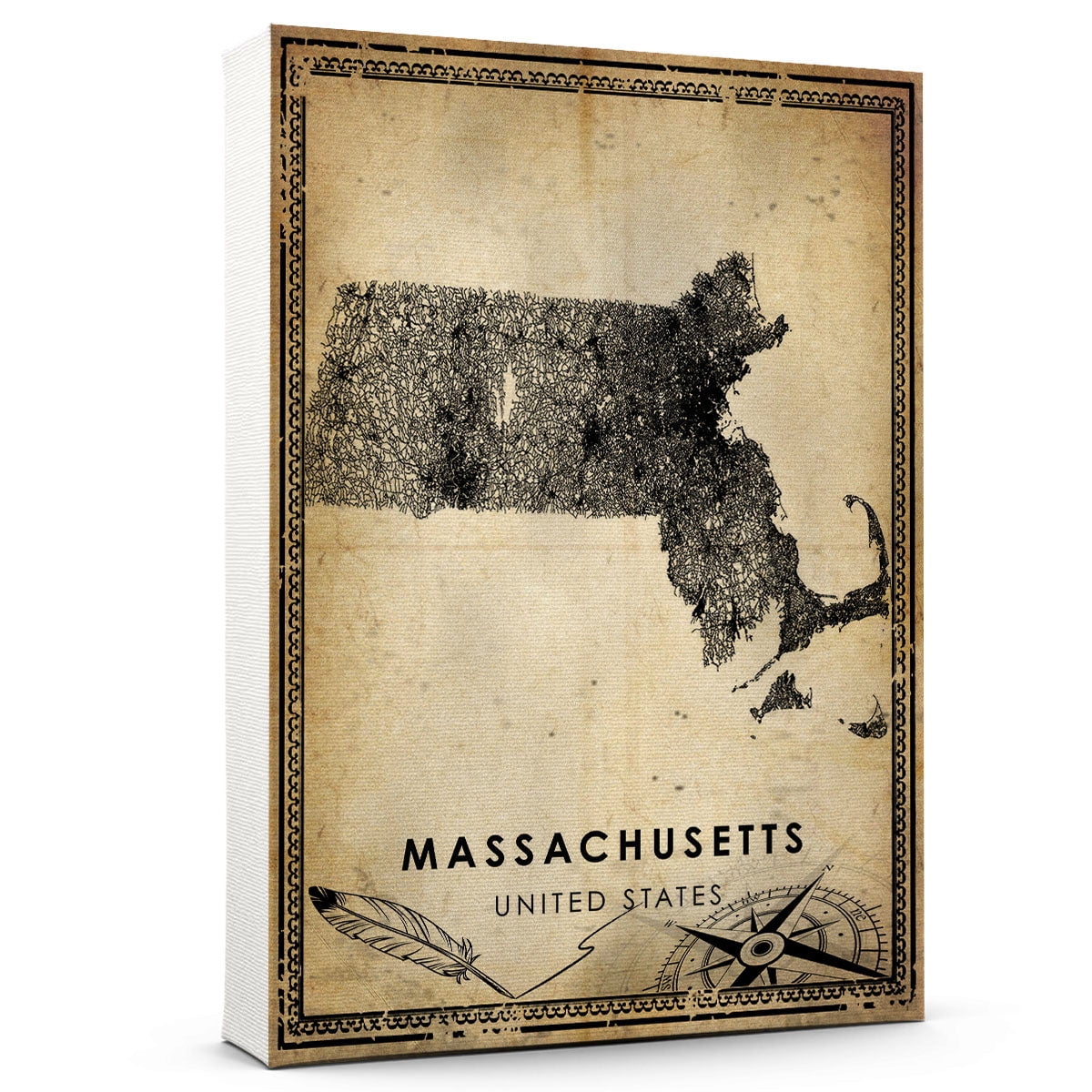 Massachusetts Vintage Map Prints Canvas, Massachusetts road Map Art ...
