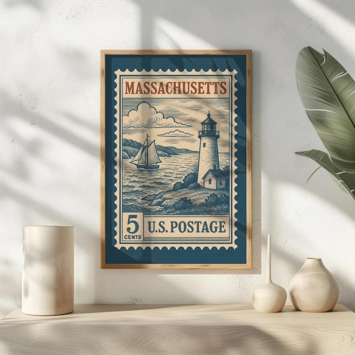 Massachusetts Vintage Postage Stamp Art Poster Retro Coastal Wall Decor ...