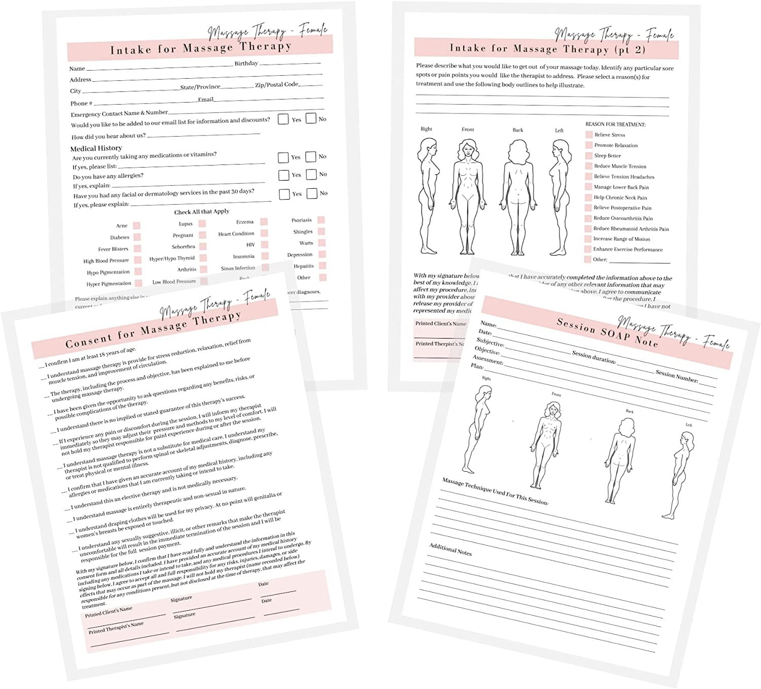 Massage Therapist Client Intake Forms Female Intake,Consent,SOAP Notes ...