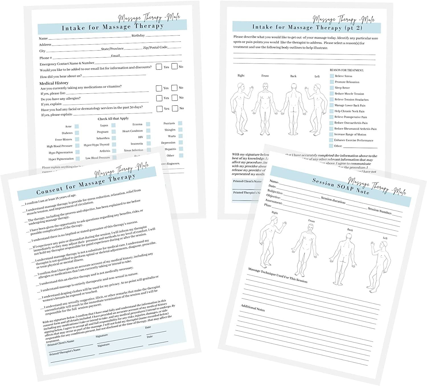 Massage Therapist Client Intake Forms Male Intake,Consent,SOAP Notes ...
