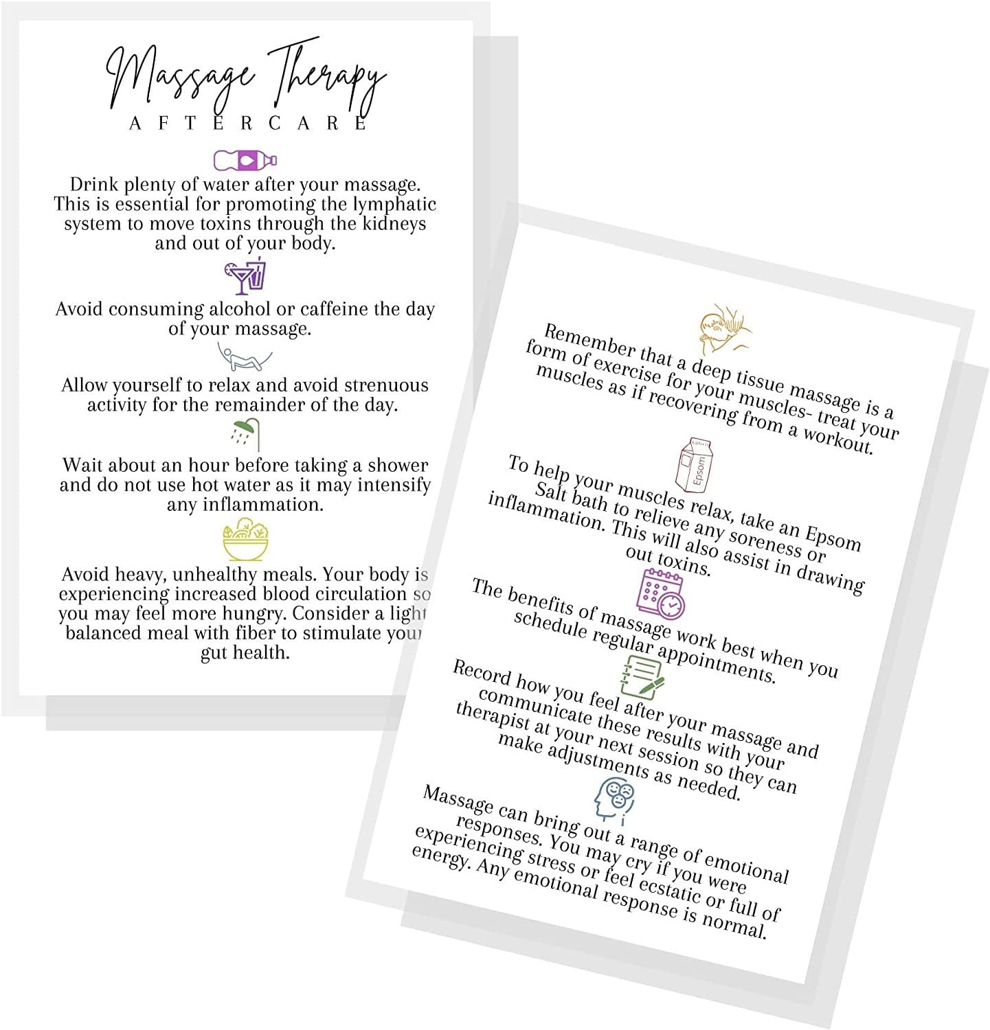 Massage Therapy Aftercare Card 30 Pack 4x6" inch Postcard Size Massage ...