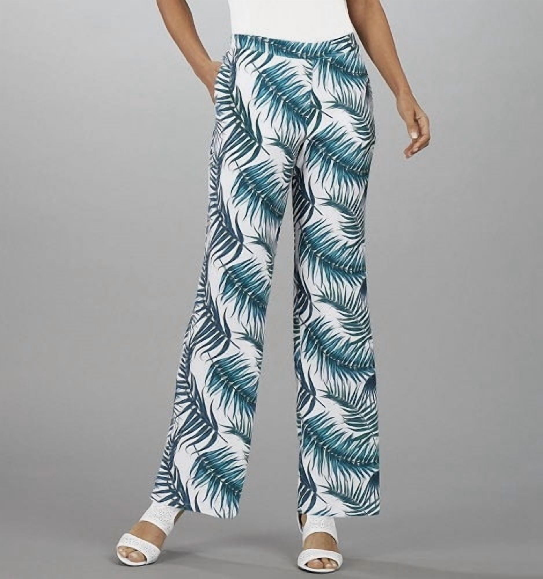 Masseys Women's Palm Print Pant in White/Blue - 1X - Walmart.com