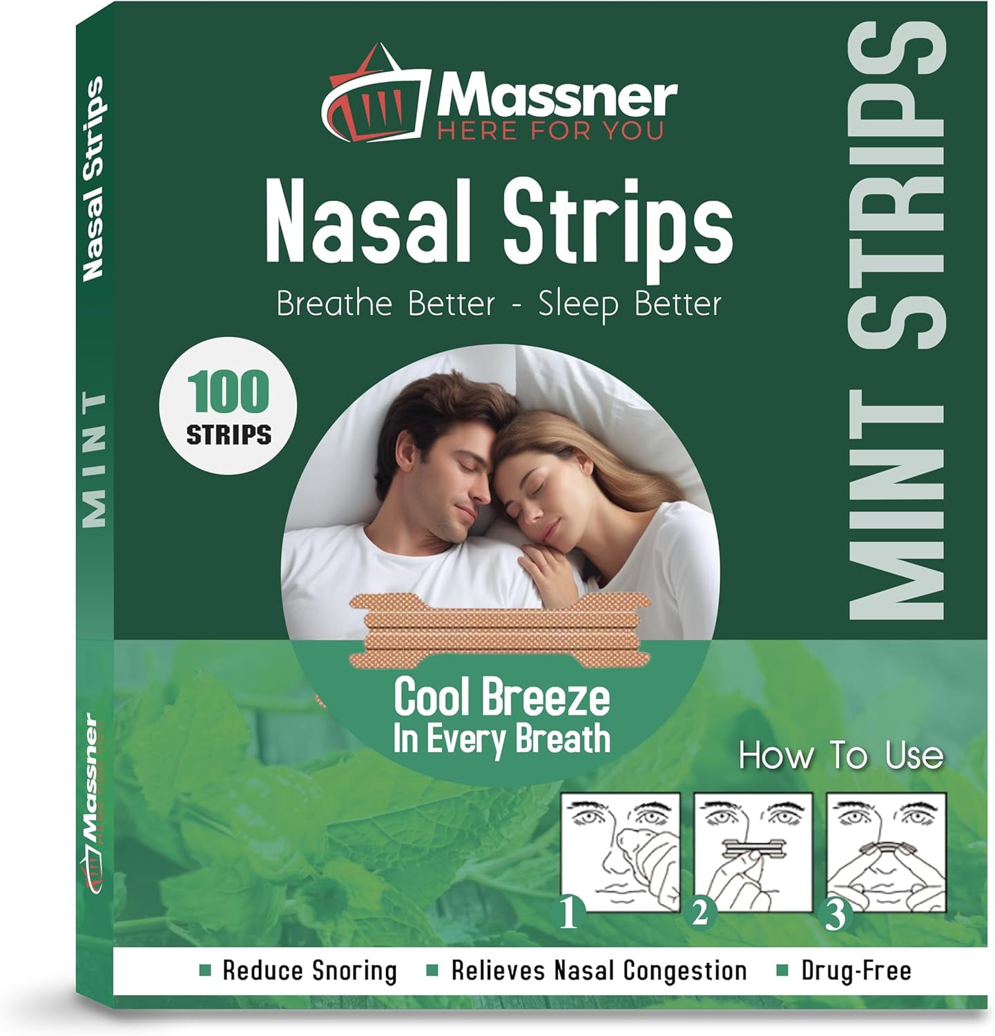 Massner Mint Nasal Strips Pack of 100 Anti-Snoring Breathing Aid for ...