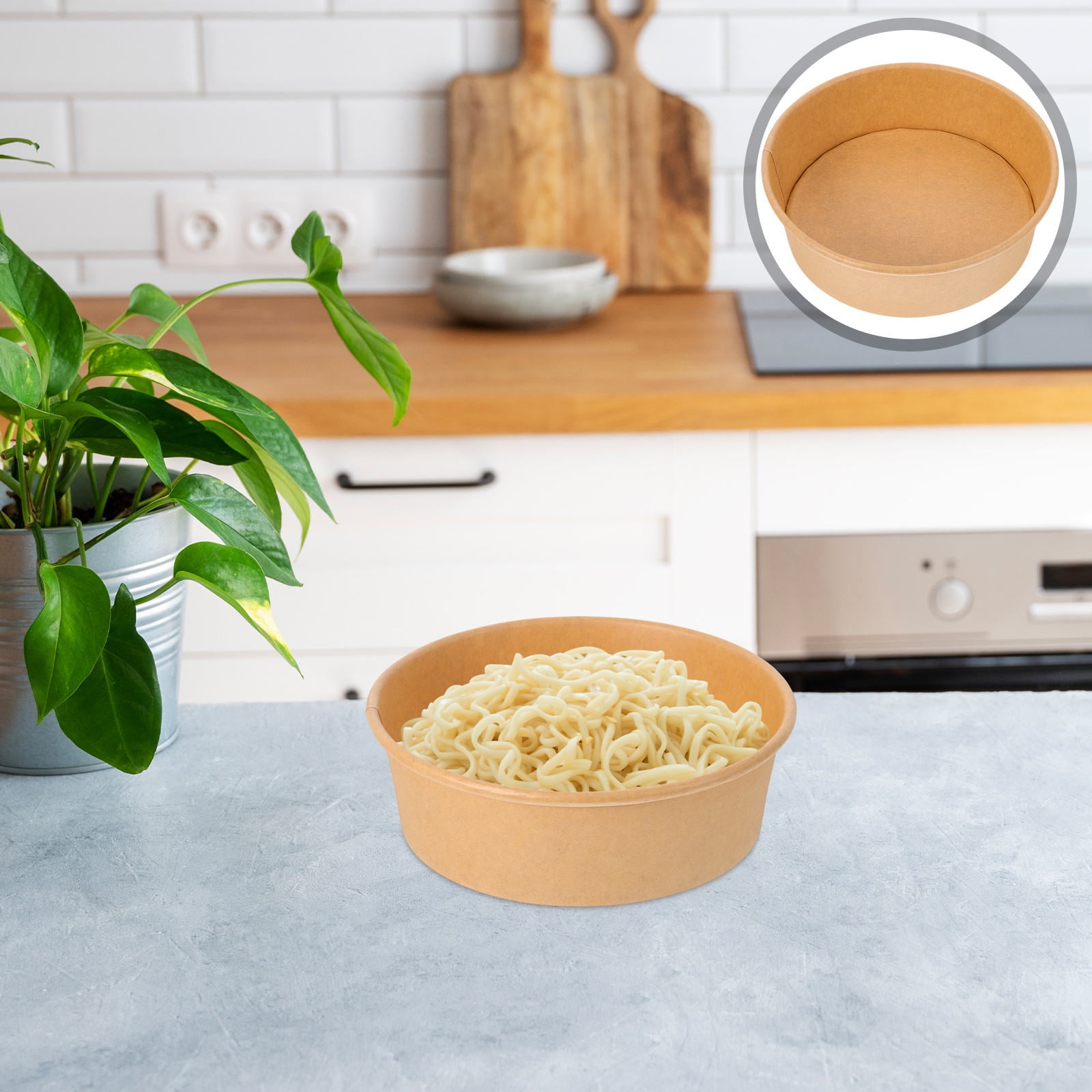 Masteelf 100pcs Kraft Paper Food Box With Lid Round Disposable Noodle ...