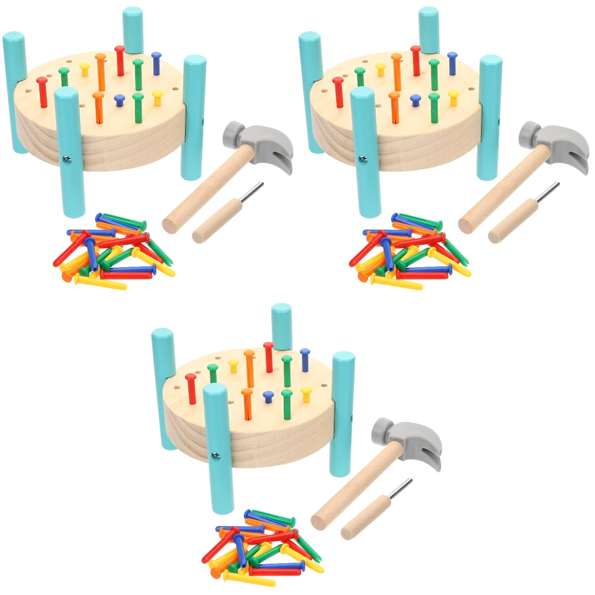 Masteelf 3 Sets Wood Nails Pounding Hammering Toy Wooden Baby Workbench ...