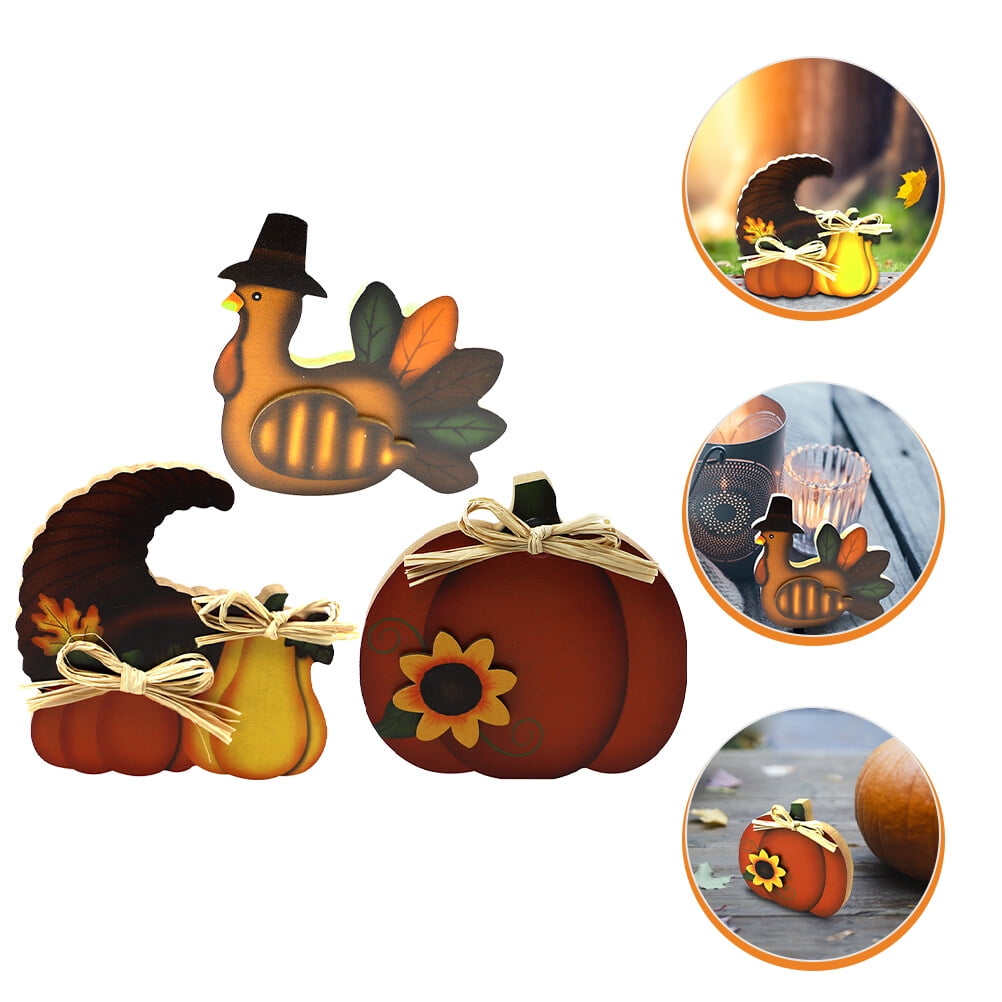 CTIRCHIU 3-Piece Fall Harvest Pumpkin Figurine Set Wooden Table ...