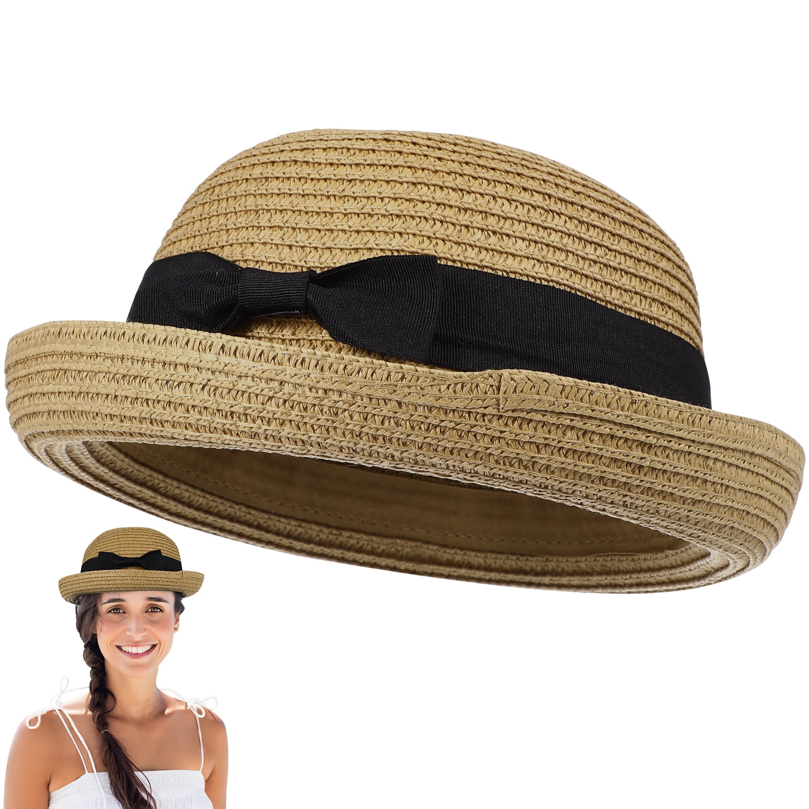 Masteelf Fashion Womens Girls Bowknot Roll Up Wide Brim Dome Straw