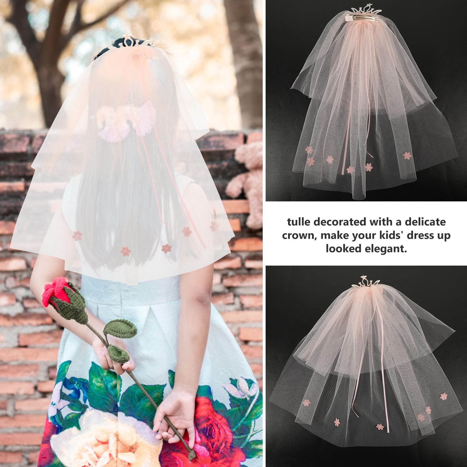 Masteelf Pink Kids Veil Crown Veil Cosplay Rhinestone Crown Veil Hair ...