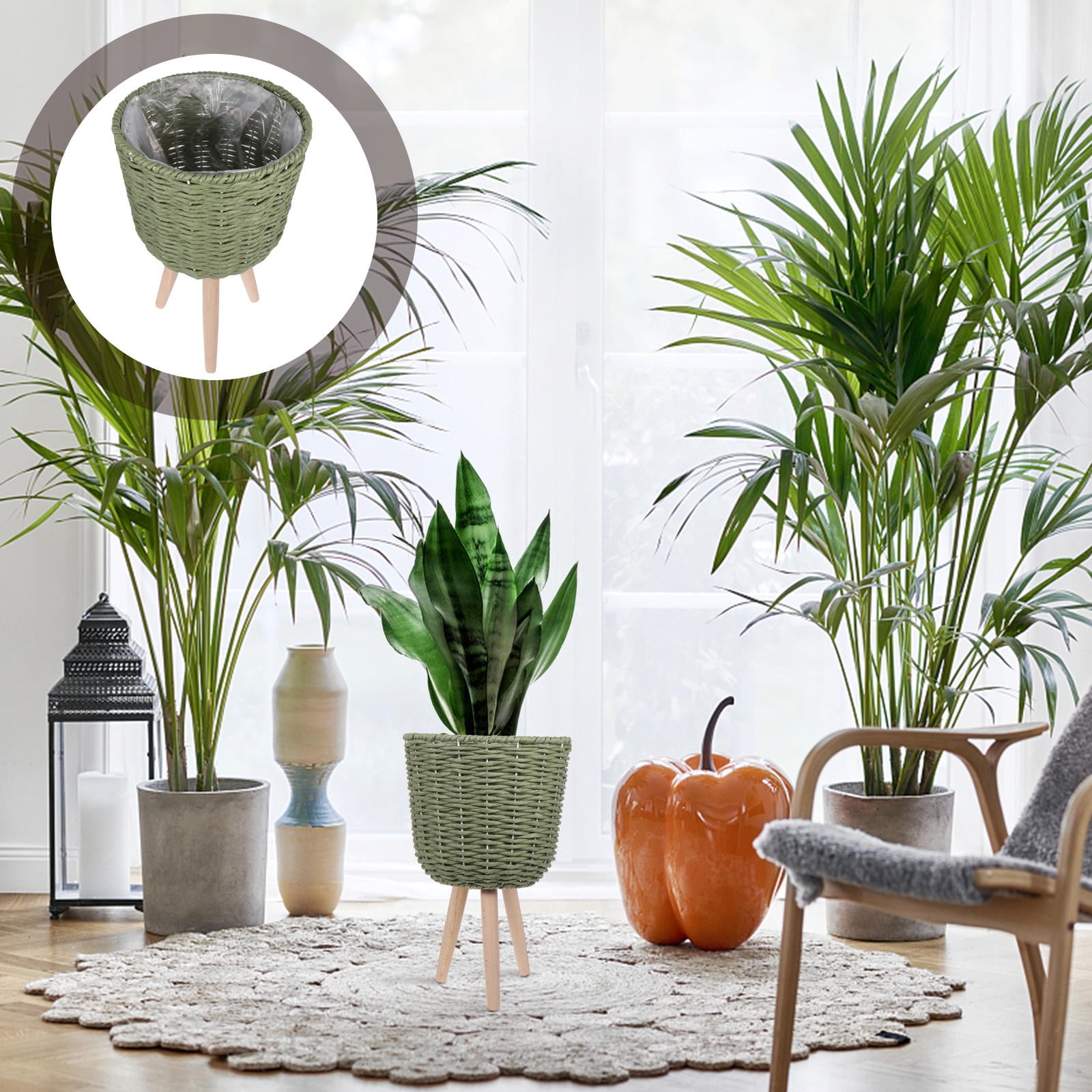 IDEANATEGRATE Indoor Plant Pots with Stand Rattan 1Set 13.4x10.2x10.2in ...