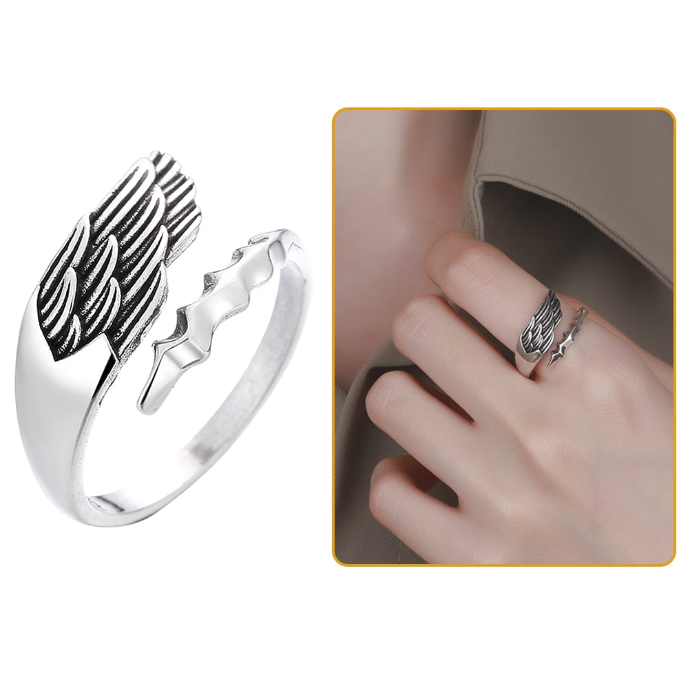 Angel Wing Ring Aesthetic Adjustable Jewelry for Women Men in Silver Tone with Exquisite ...