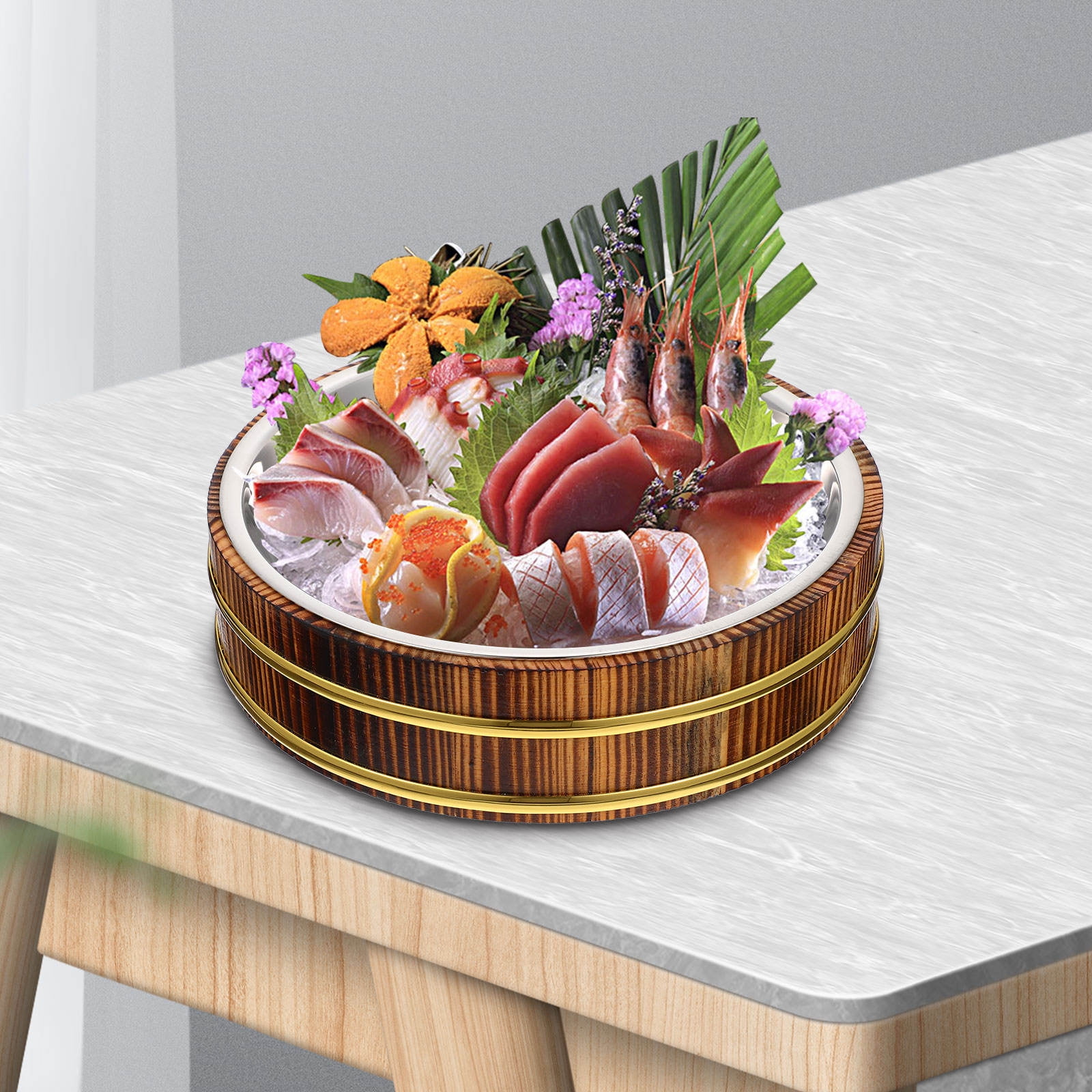 Masteelf Wooden Sushi Rice Bucket for Kitchen Use Light Brown Stainless ...