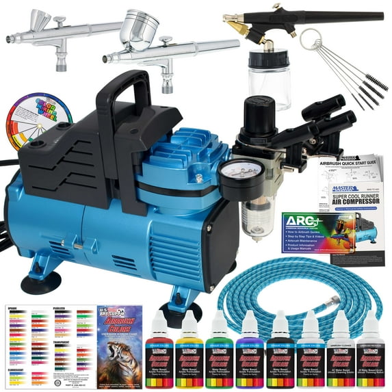 Master Airbrush Super Cool Runner Dual Fan Air Compressor Professional Airbrushing System Kit ...