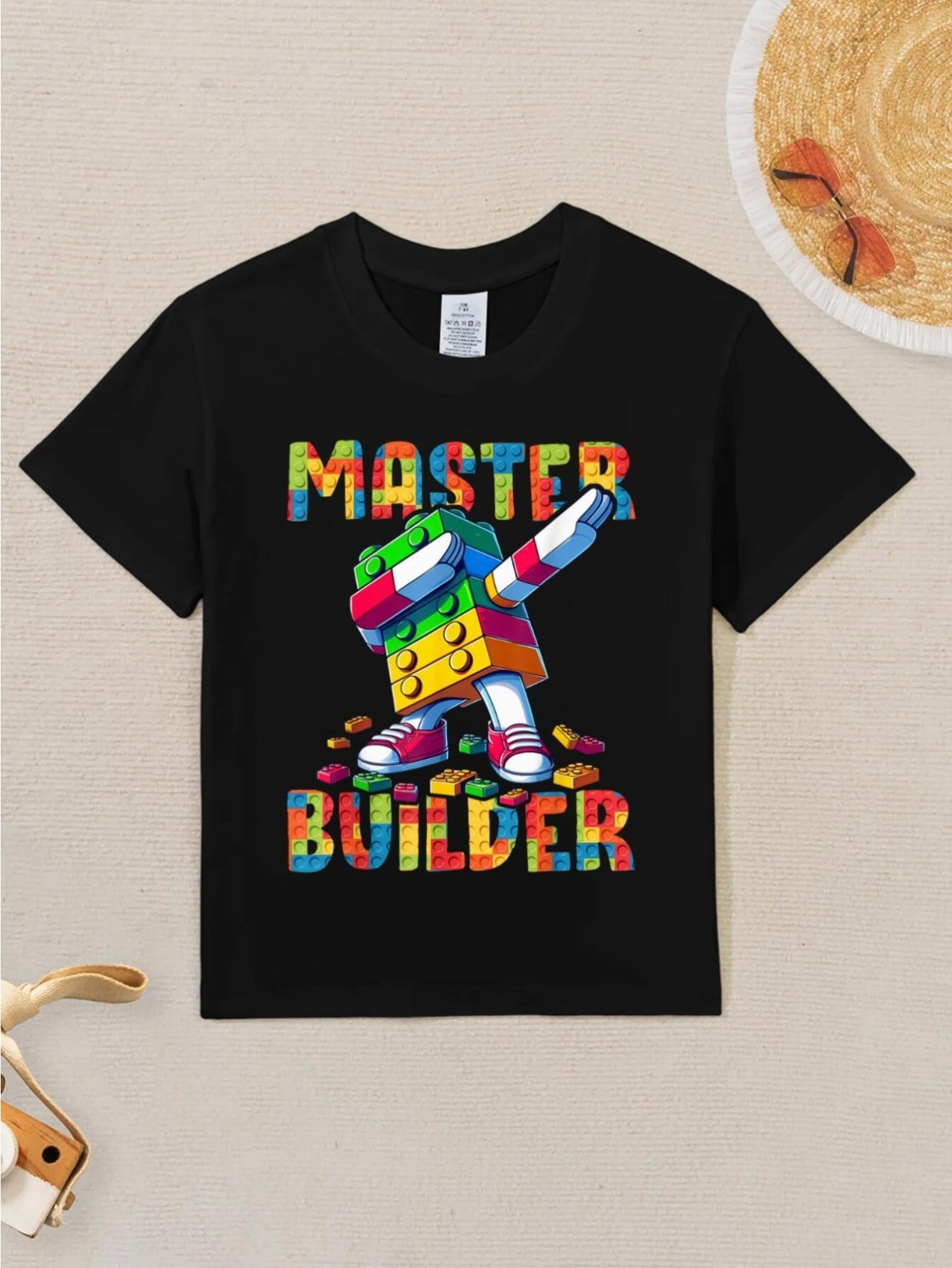 Master Builder Building Block-Inspired Graphic Boys' T-Shirt - Black Casual Short Sleeve Tee ...