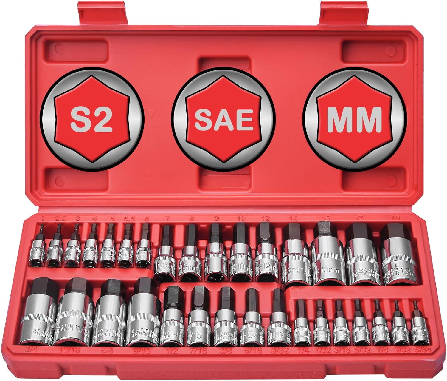 Master Hex Bit Socket Set 32-Piece, Allen Socket Set, 1/4'', 3/8”& 1/2 ...