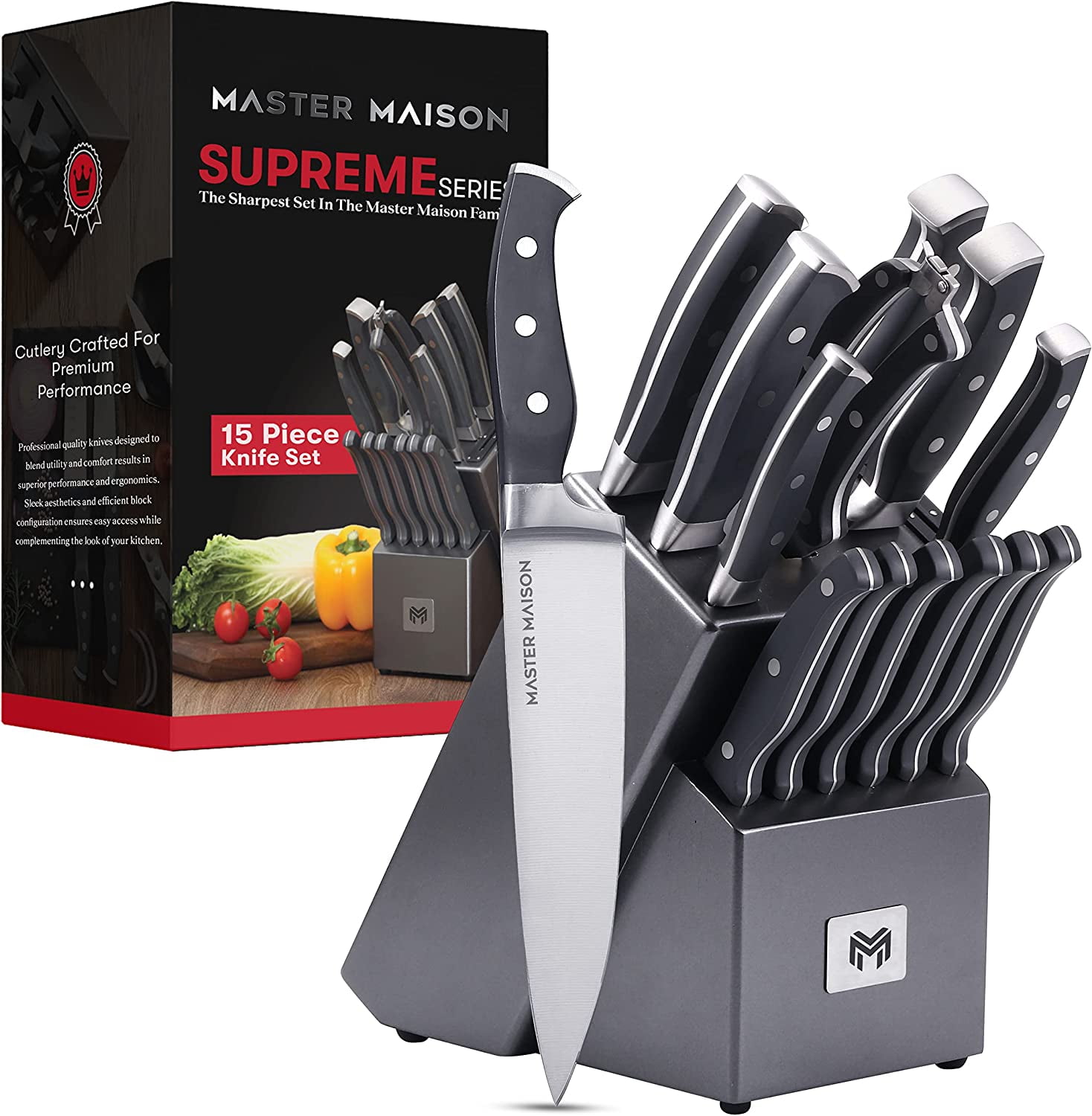Master Maison 15-Piece Premium Kitchen Knife Set With Block | Master ...