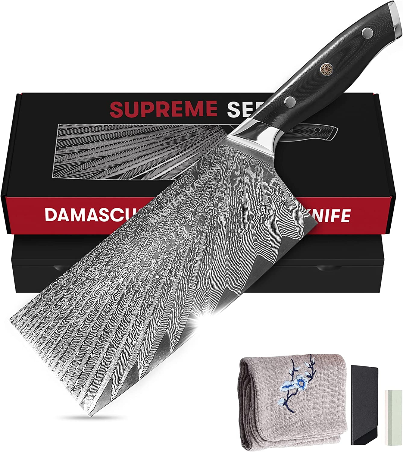 "Master Maison 7.5"" Damascus Kitchen Cutting Cleaver Knife with Full-Tang Handle, Sheath ...