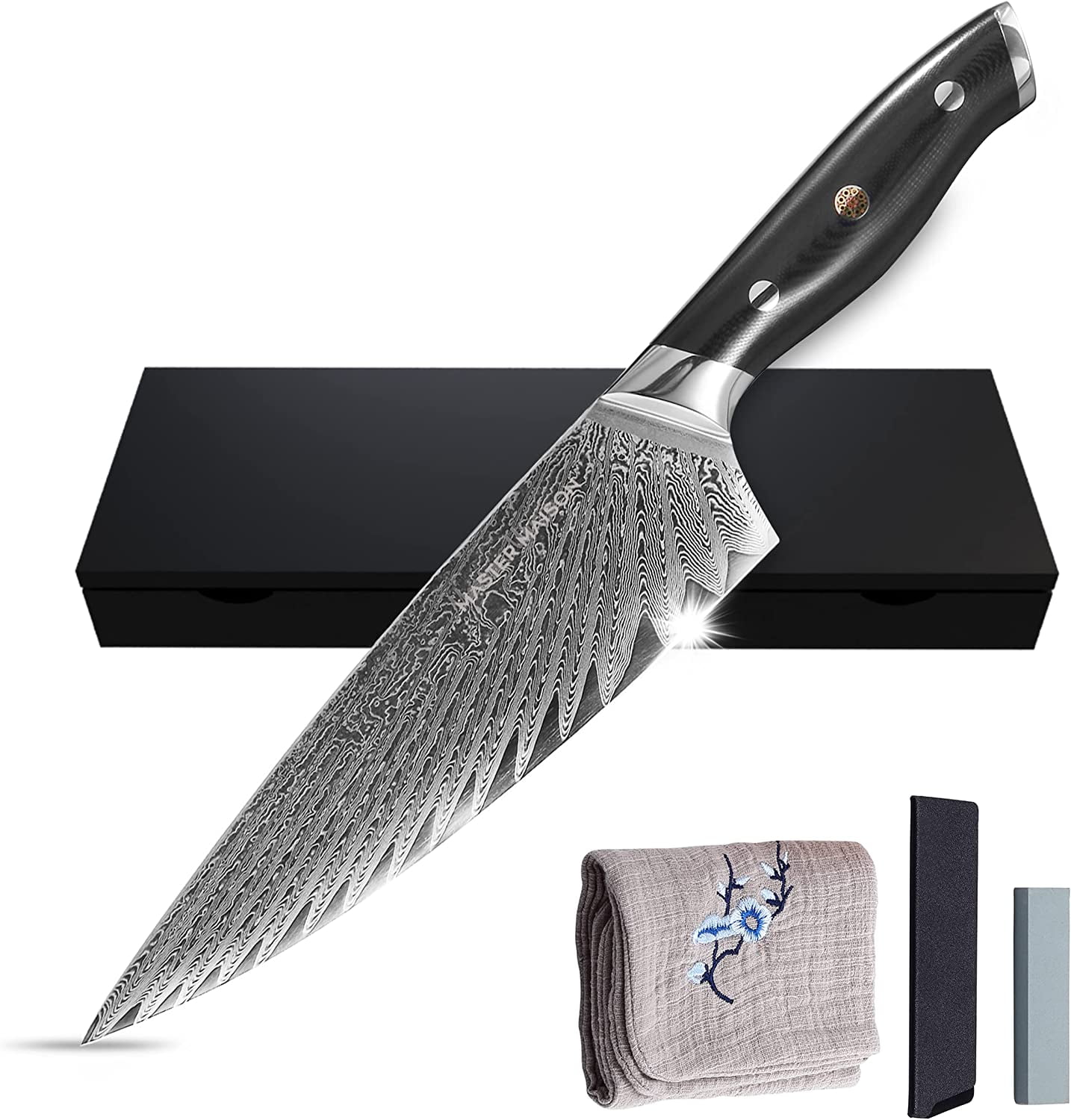 Master Maison Authentic 8" Damascus Steel Chef Knife With Full-Tang Black Handle, Sheath ...