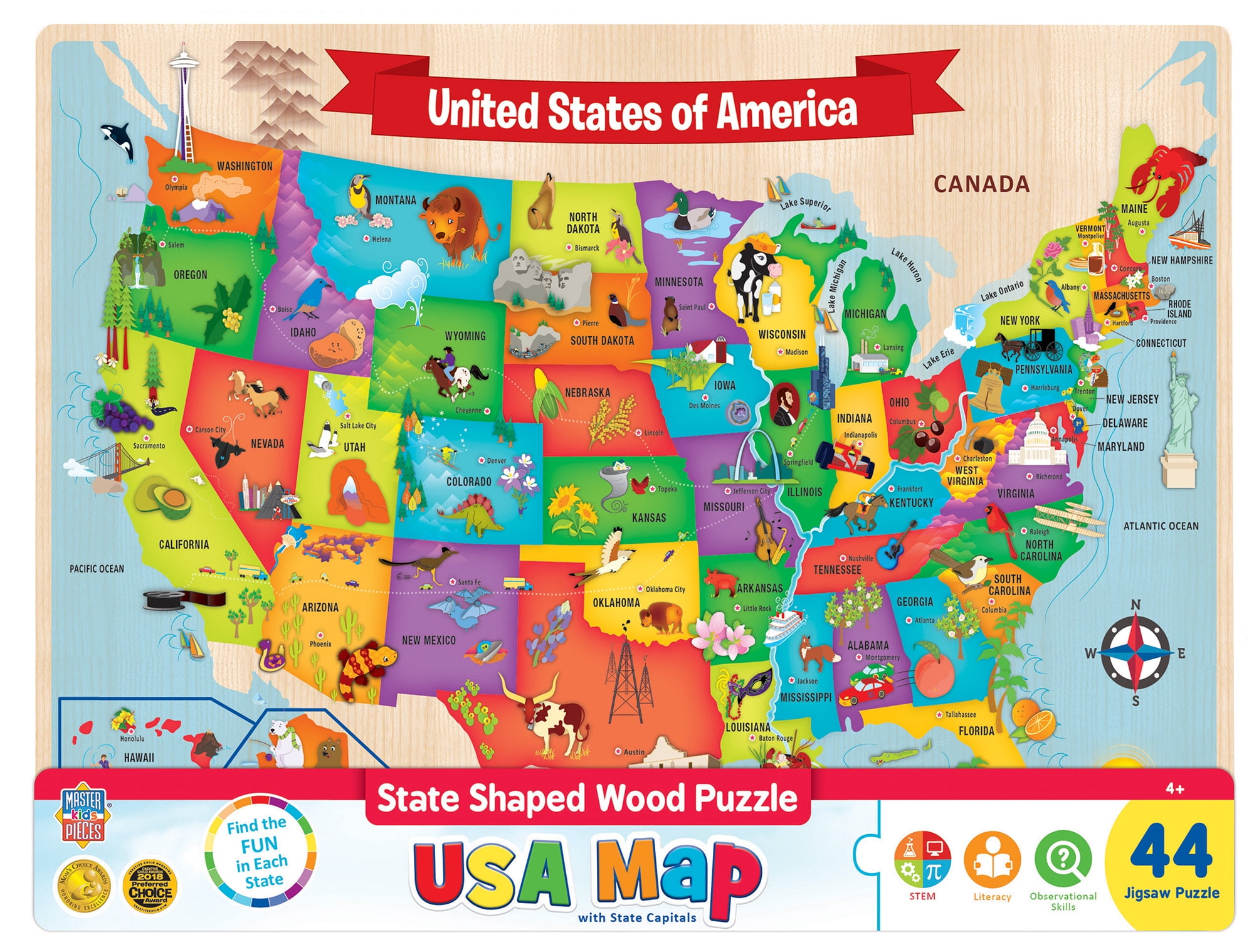 "MasterPieces 44 Piece USA Wooden Shaped States Jigsaw Puzzle for Kids ...