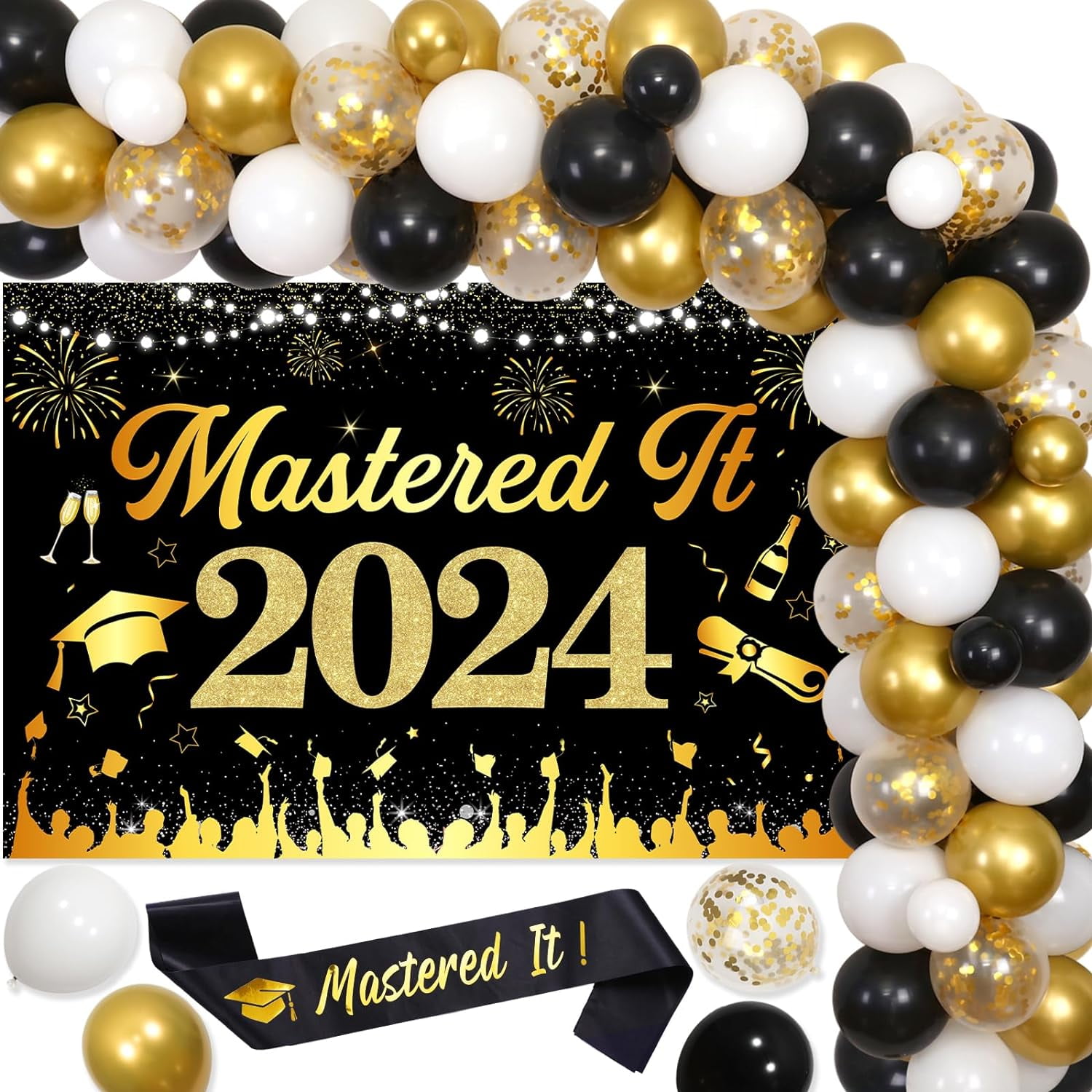 Mastered It Graduation Decorations - Black and Gold Balloon Garland ...