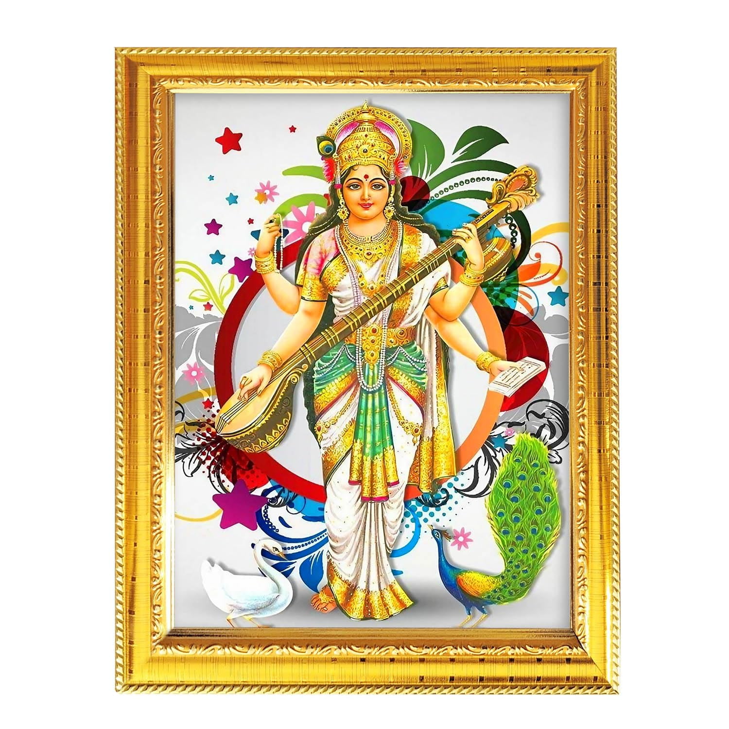 Mata Saraswati Bharati Vidya Indian God Photo With Golden Frames Wall ...