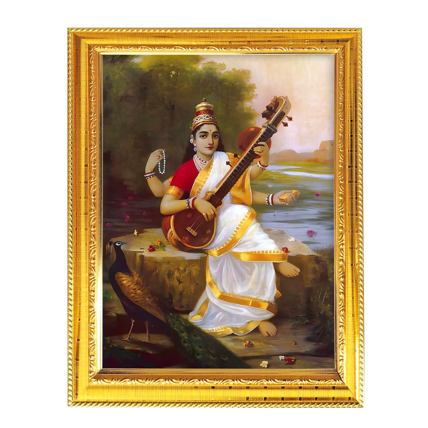 Mata Saraswati Bharati Vidya Indian God Photo With Golden Frames Wall ...