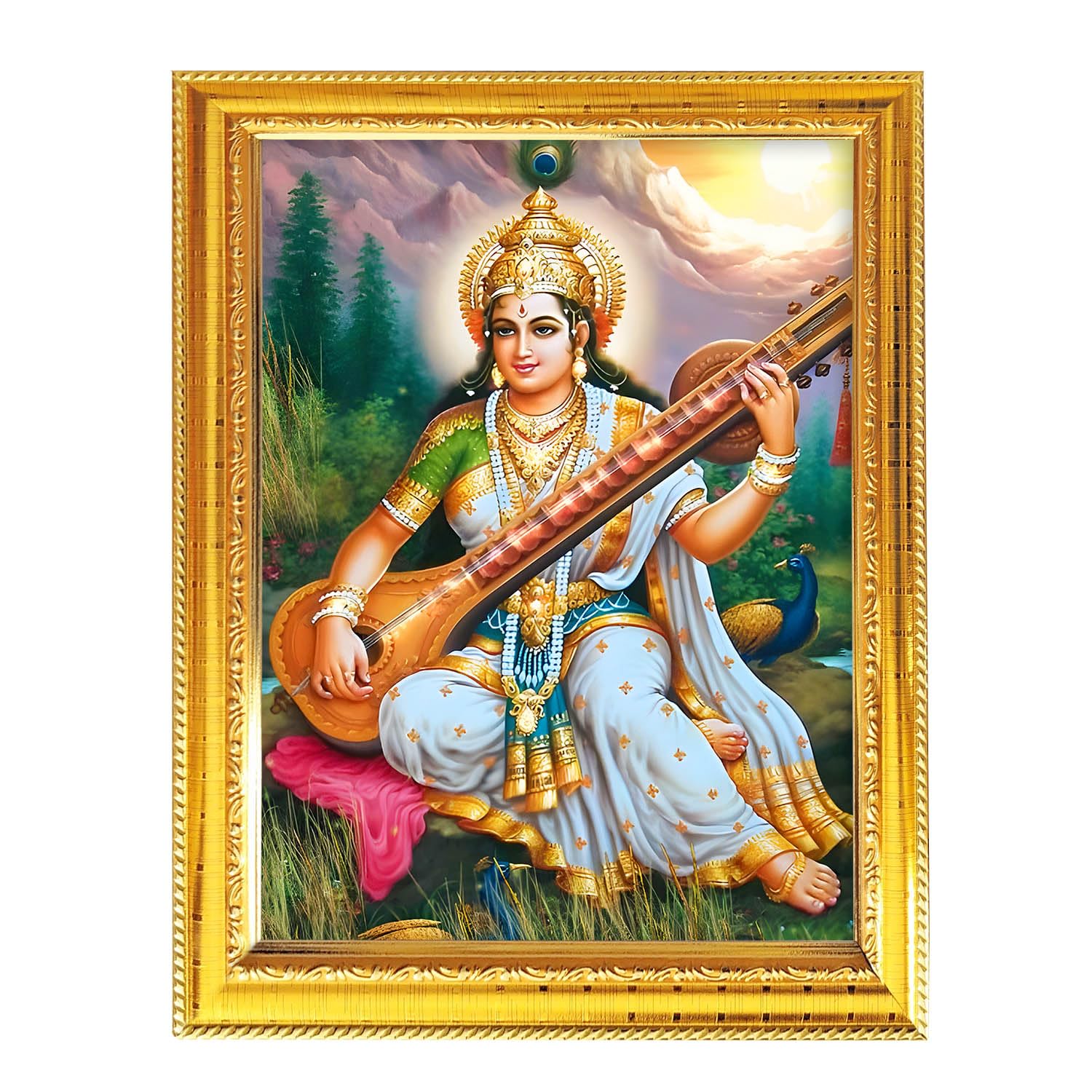 Mata Saraswati Bharati Vidya Indian God Photo With Golden Frames Wall Poster Table 8.3X6.5 ...