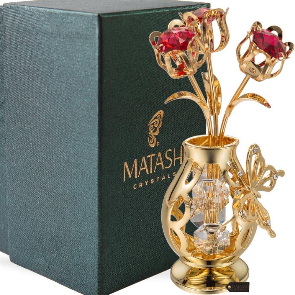 Matashi 24K Gold Plated Crystal Studded Flower Ornament in a Vase w Decorative Butterfly (Red ...