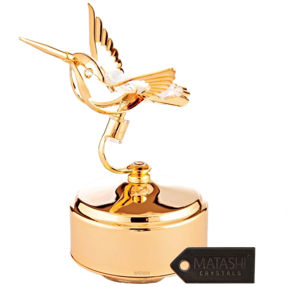 Matashi 24K Gold Plated Music Box with Crystal Studded Bee-Hummingbird ...