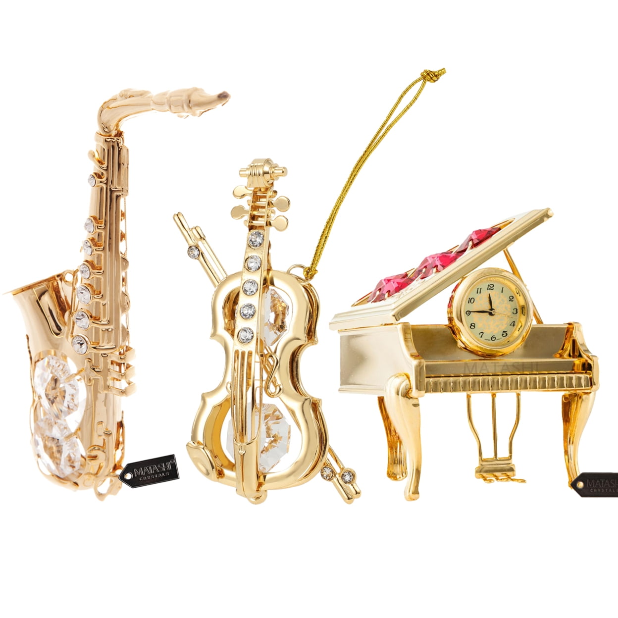 Matashi 24K Gold Plated Vintage Piano Desk Clock with Crystal Studded Violin, Bow, And Saxophone ...