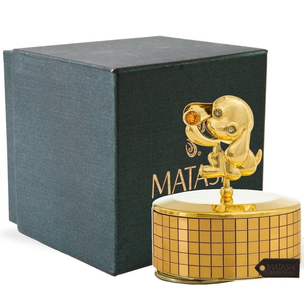 Matashi 24K Gold Plated Puppy Music Box with Crystal Accent Plays ...