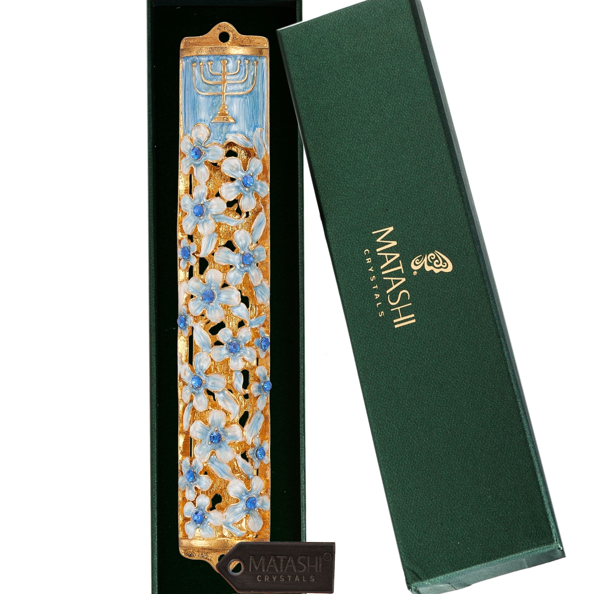 Matashi Hand Painted 5.5" Blue and Ivory Enamel Flower Mezuzah ...