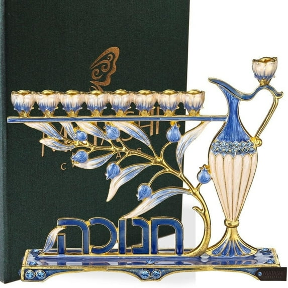Matashi Hand Painted Blue Enamel Menorah Candelabra with Hebrew ...