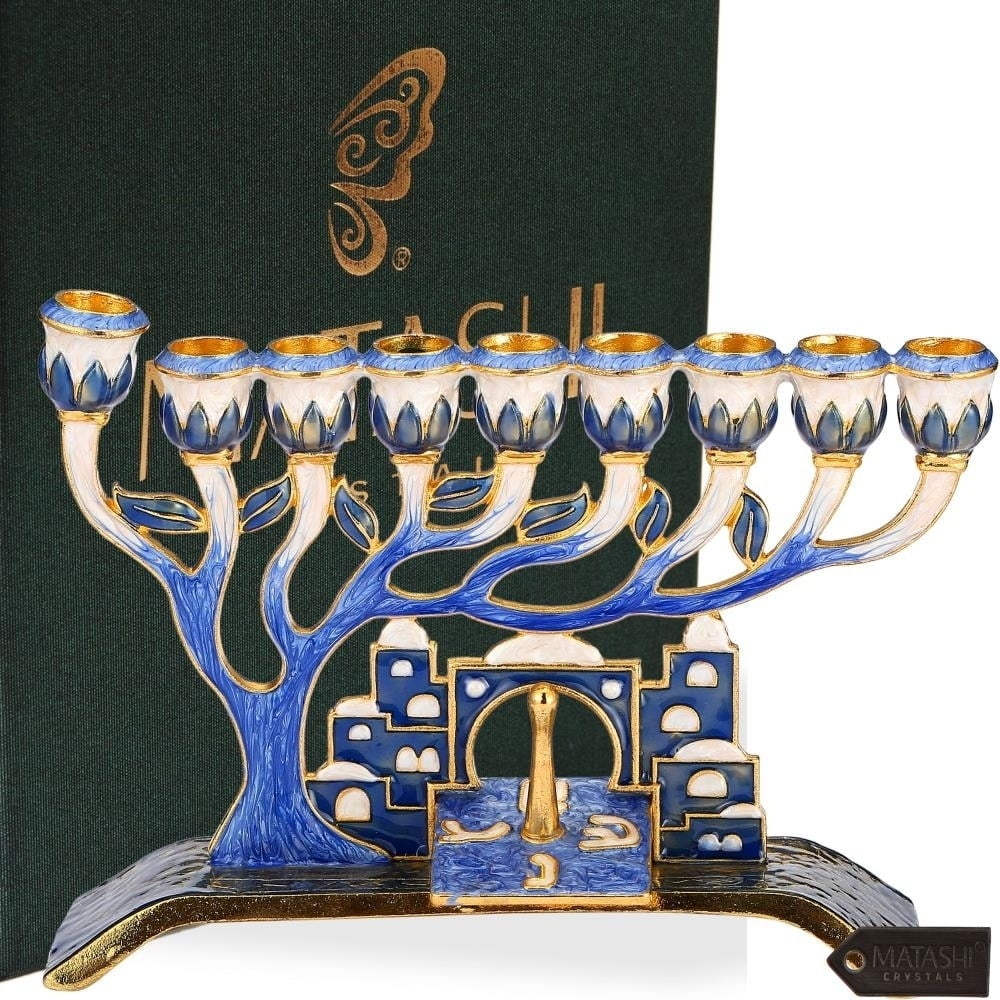 Matashi Hand Painted Blue Enamel Menorah Candelabra with a Jerusalem ...