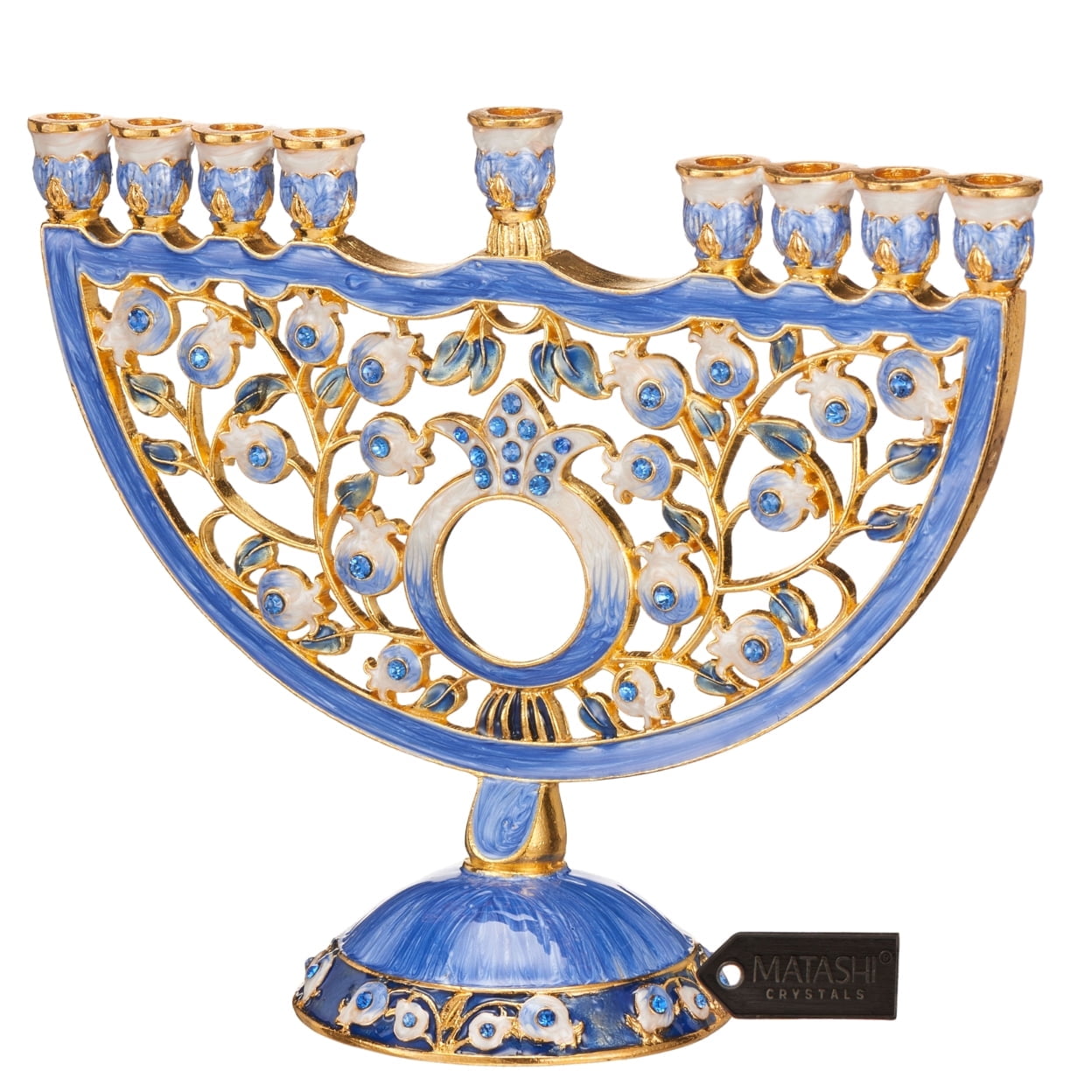 Matashi Hand Painted Blue Enamel Menorah, Pomegranate Design, Gold ...