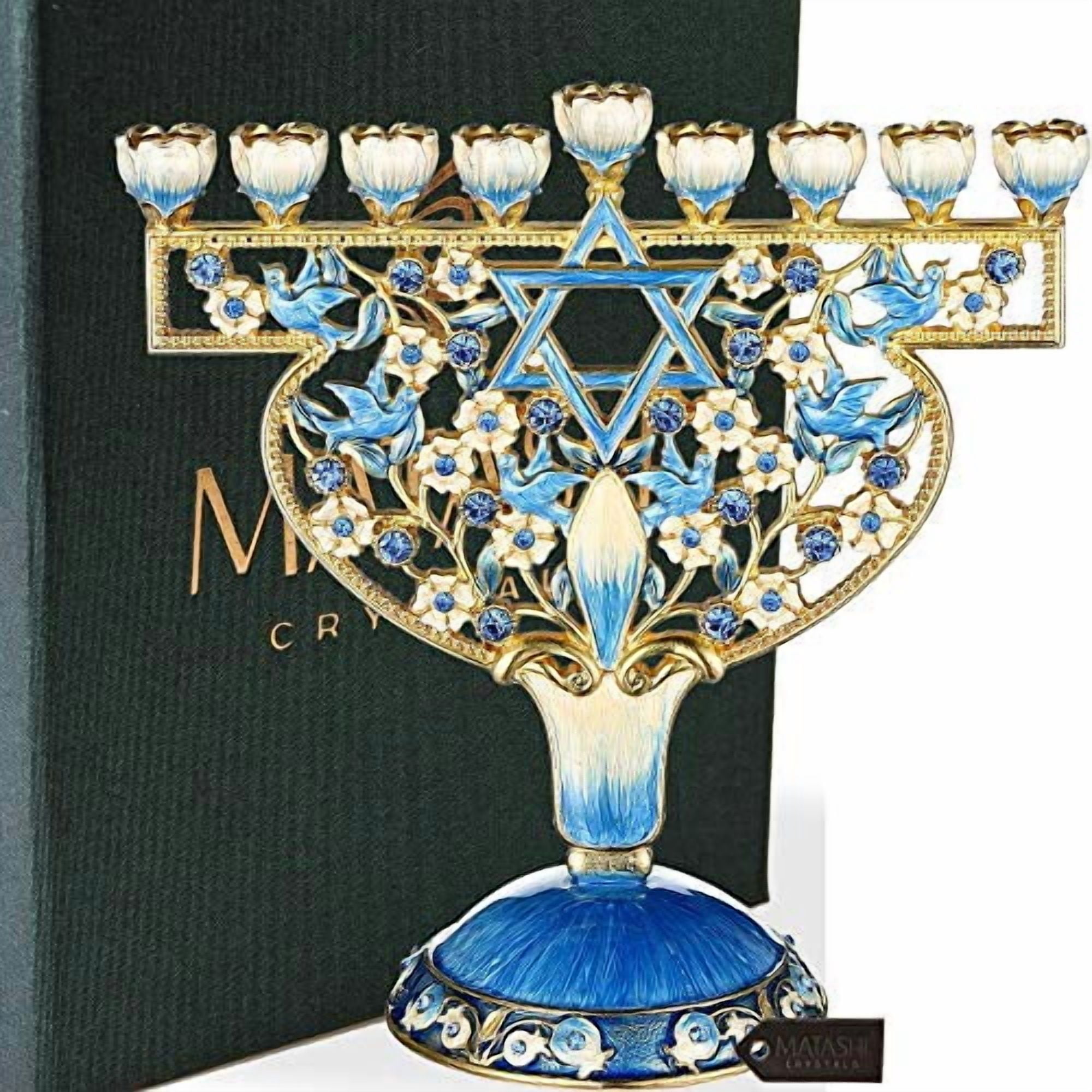 Matashi Hand Painted Enamel Menorah Candelabra w Doves & Flowers Design ...